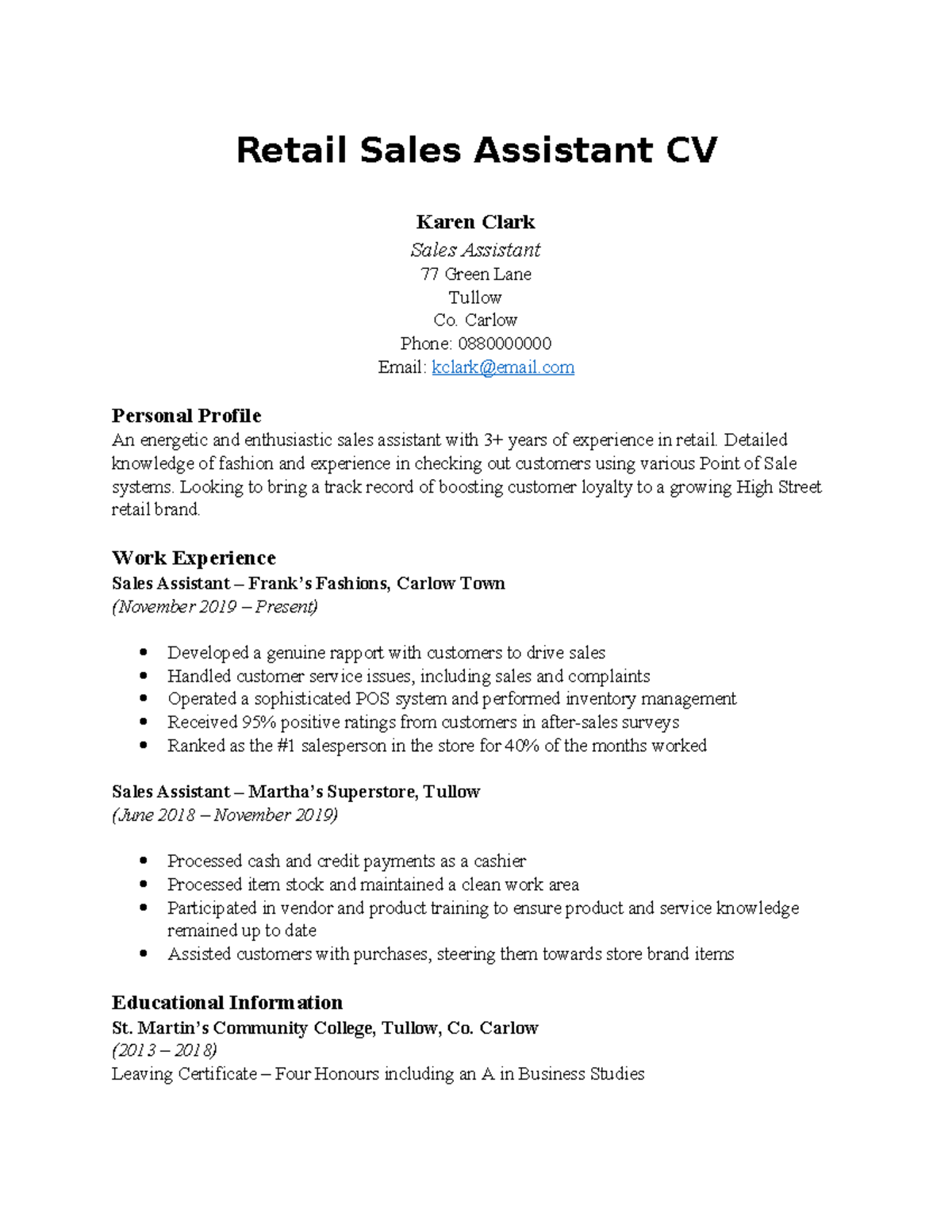Retail Sales Assistant CV Template - Retail Sales Assistant CV Karen ...
