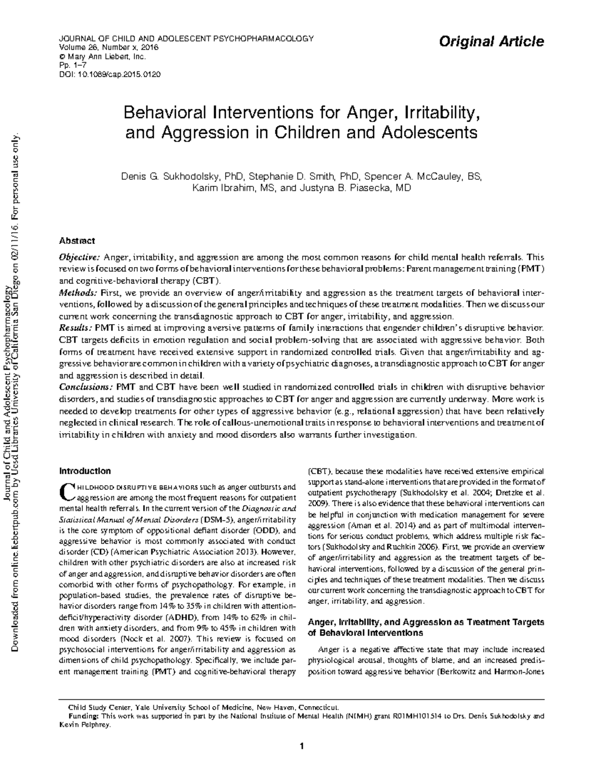 Behavioral Interventions for Anger, Irritability, and Aggression in ...