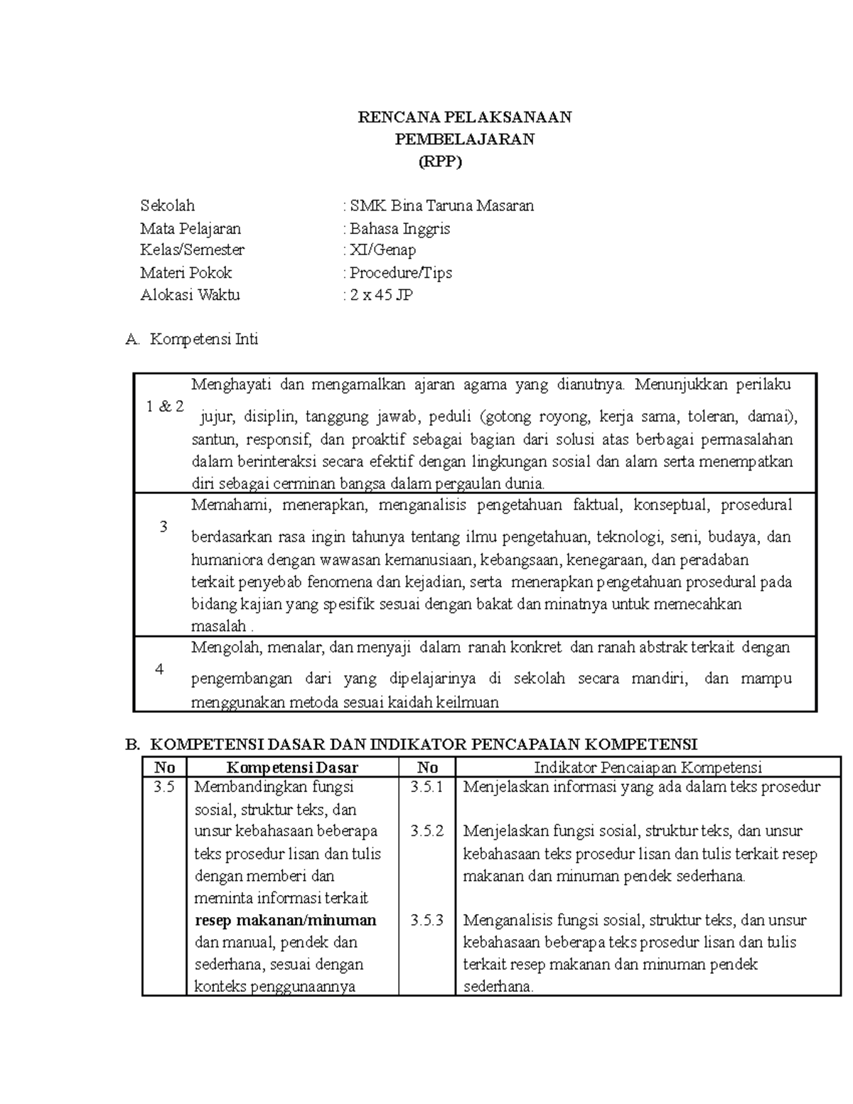 RPP Procedure - AAAAAAAAAAAAAAAAAA - RENCANA PELAKSANAAN PEMBELAJARAN (RPP) Sekolah : SMK Bina ...