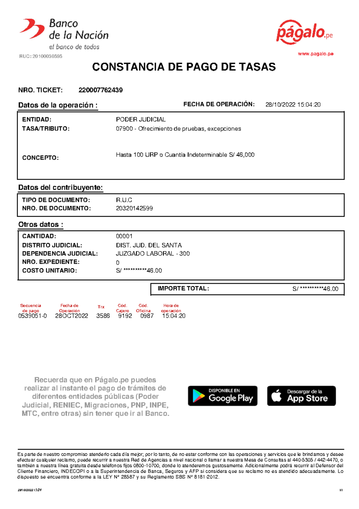 Tasa judicial 4 excepciones - CONSTANCIA DE PAGO DE TASAS RUC: 20100030595 pagalo FECHA DE - Studocu