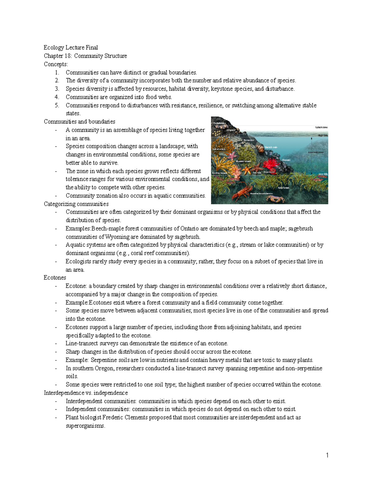 Ecology Lecture Final - Ecology Lecture Final Chapter 18: Community ...