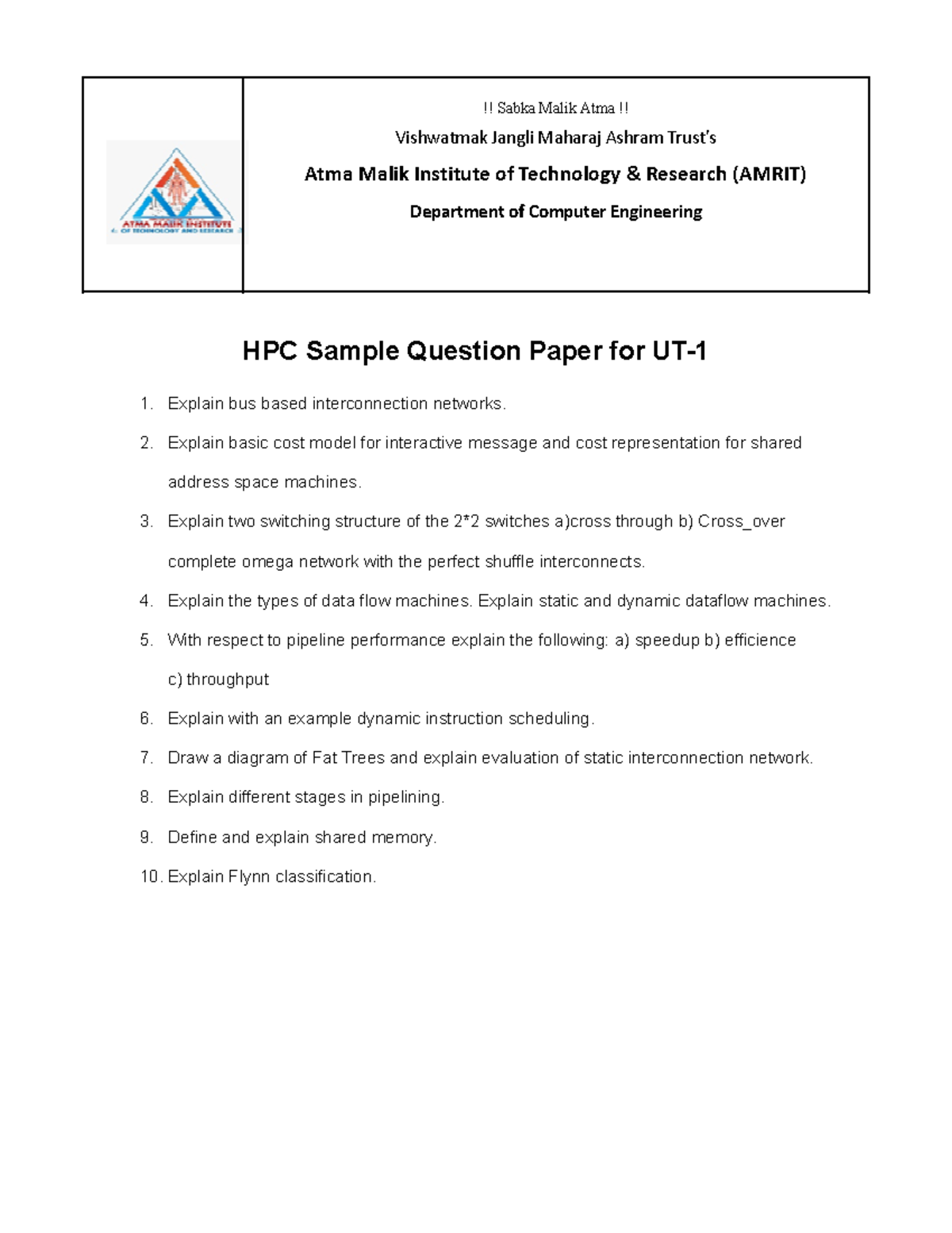 HPC Sample Question Paper for UT-1 - Explain bus based interconnection ...