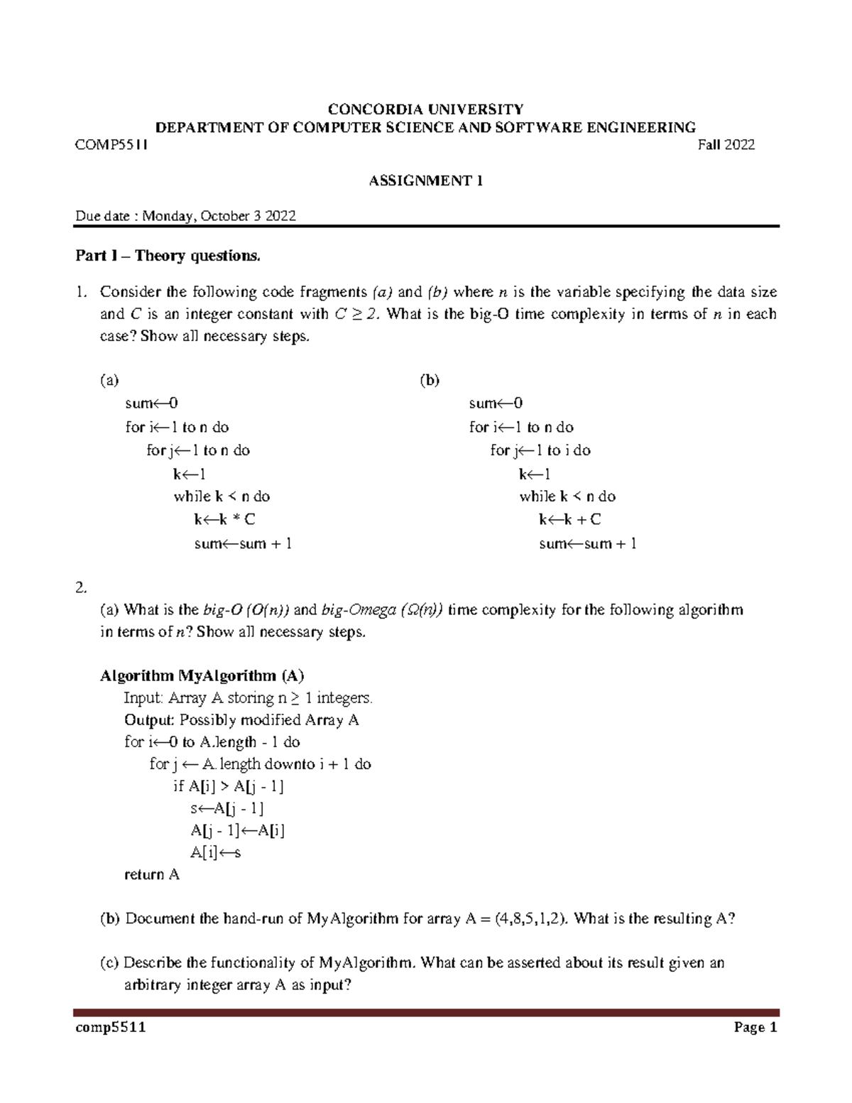 Comp5511-assignment-1 - comp5511 Page 1 CONCORDIA UNIVERSITY DEPARTMENT OF COMPUTER SCIENCE AND ...