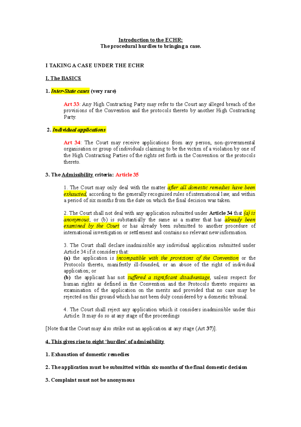 Introduction to the ECHR - I TAKING A CASE UNDER THE ECHR I. The BASICS ...