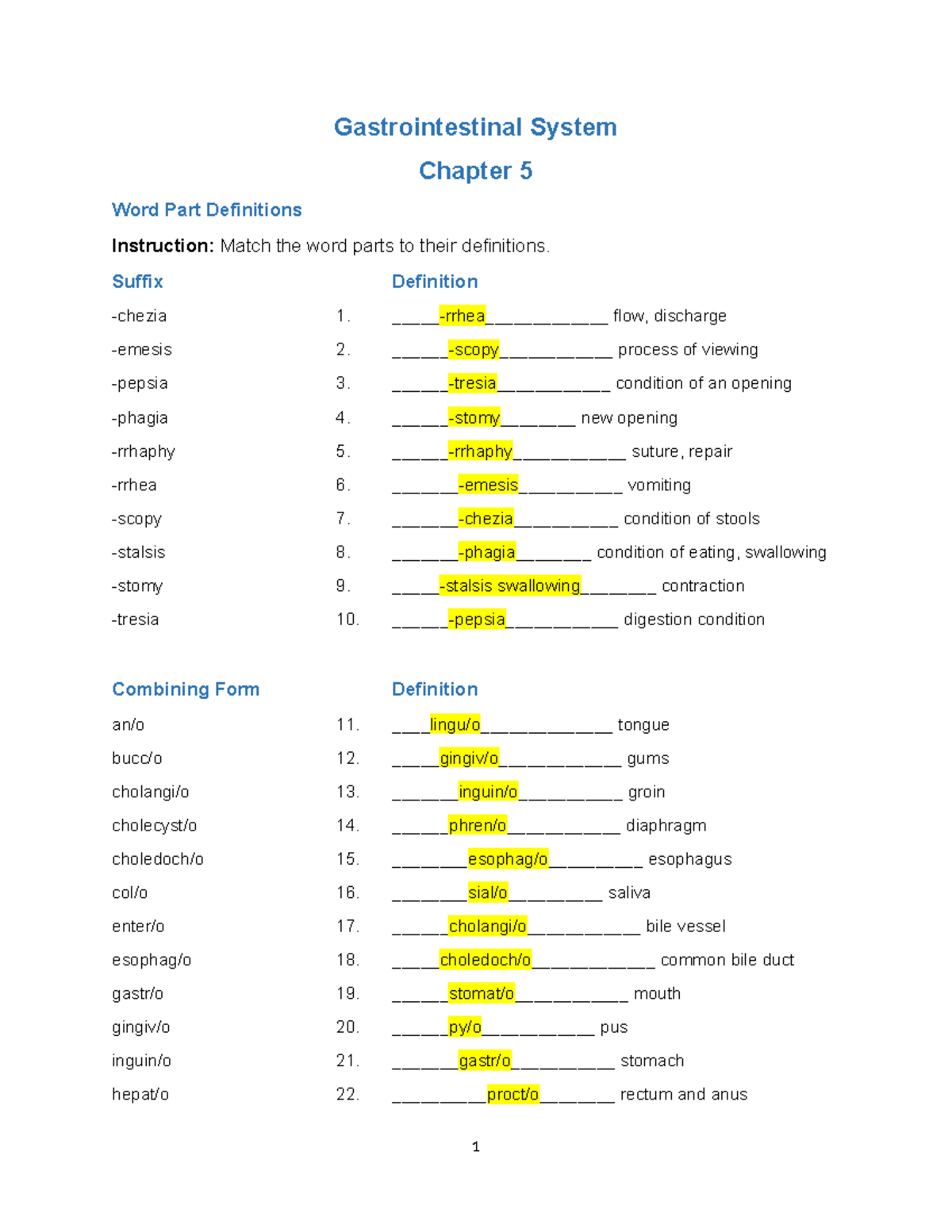 Digestive, Urinary, & Respiratory Systems Assignment - Gastrointestinal ...