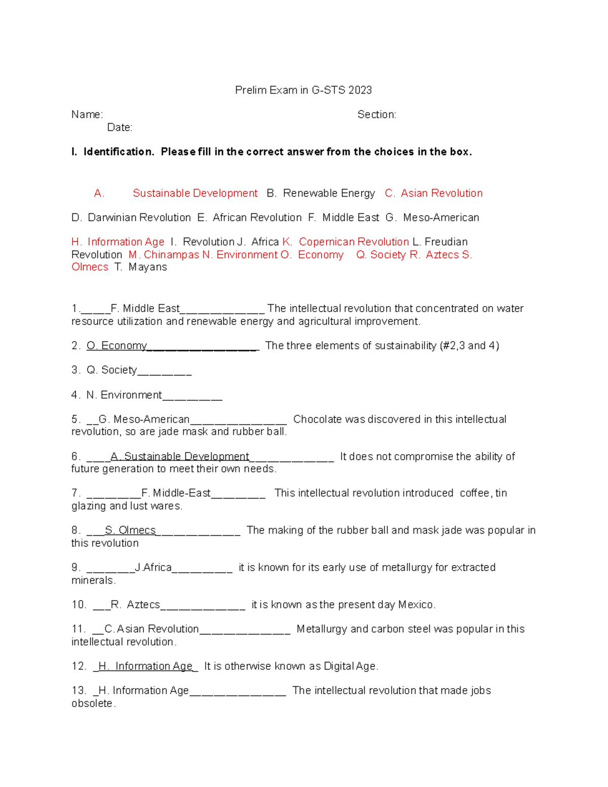 STS prelim exam - MLS2-A - Prelim Exam in G-STS 2023 Name: Section ...