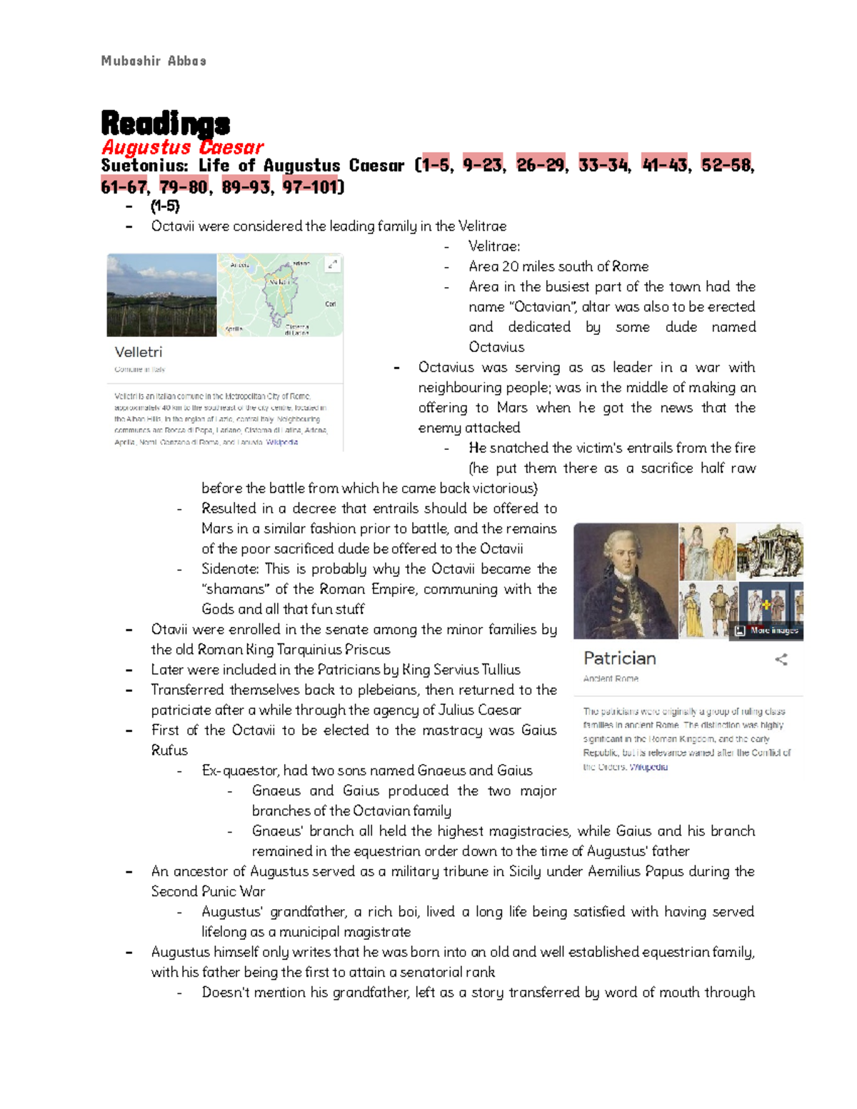 Copy of Classics 2480 Roman Emperors Readings Notes - Readings Augustus ...