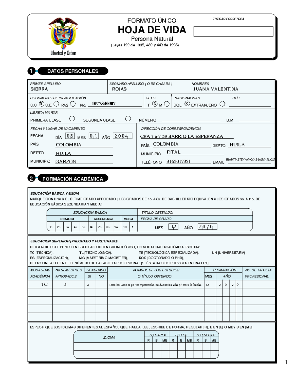 X1 Formato Unico Hoja De Vida Persona Gobierno Sierra Rojas Juana