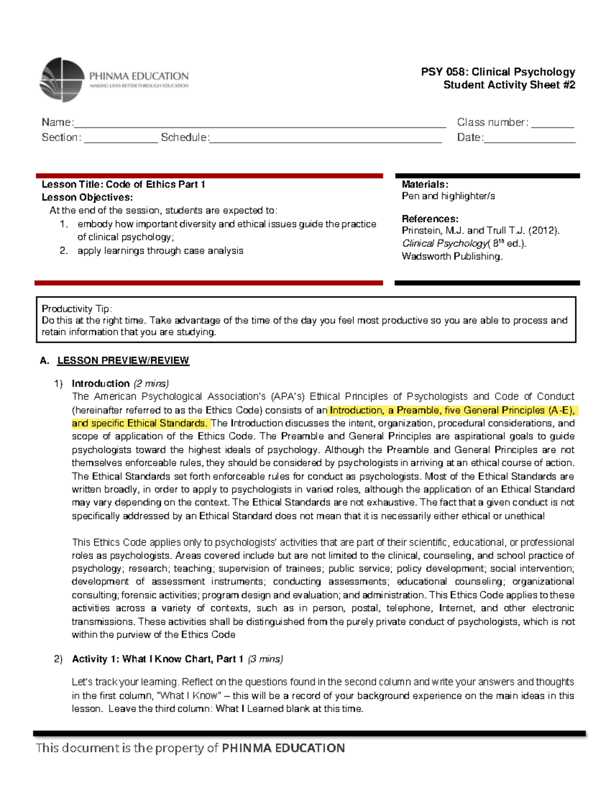 Clinical Psychology - Student Activity Sheet # 2 - Studocu