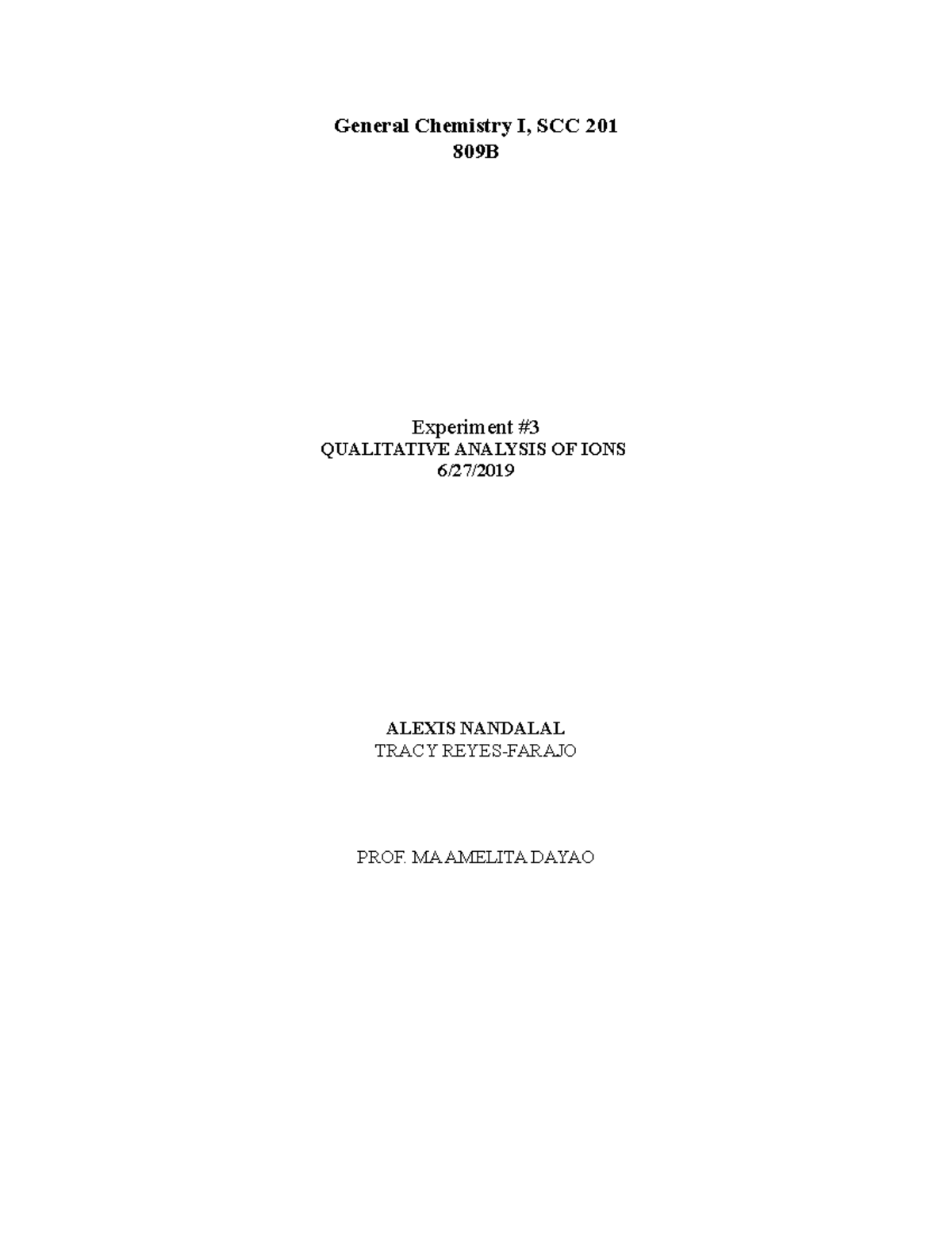 Chem 201 Experiment 3 Lab Report - General Chemistry I, SCC 201 809B ...