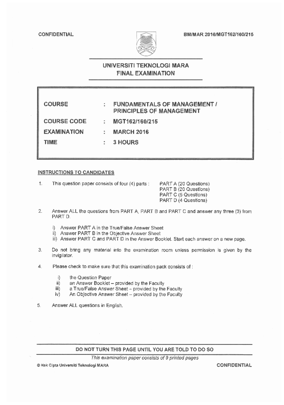 test fundamental of management (mgt 162) 2016 - Studocu