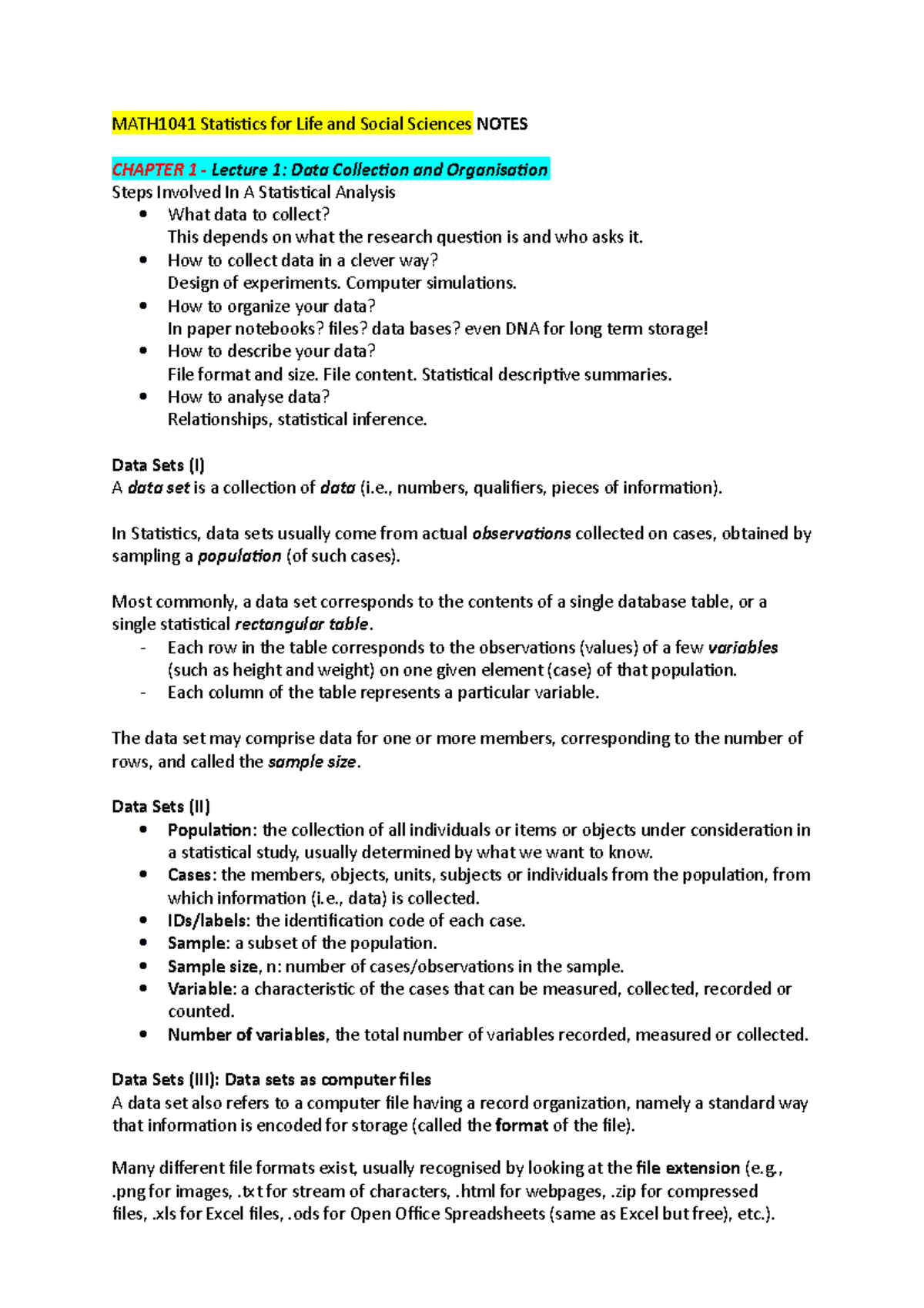 MATH1041 Statistics for Life and Social Sciences Notes - MATH1041 ...