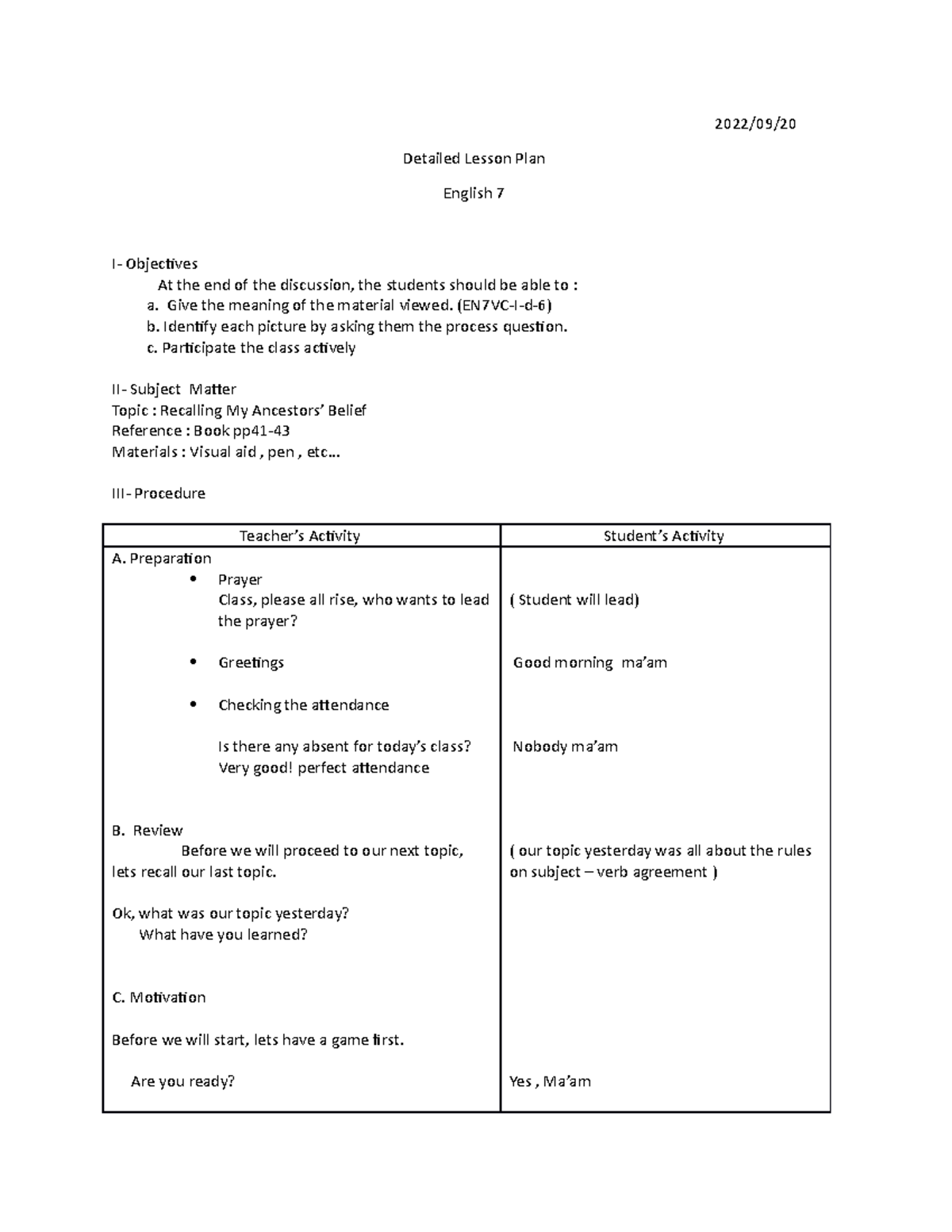 Shane tuesday 20-9-22 - Notes. - 2022/09/ Detailed Lesson Plan English ...