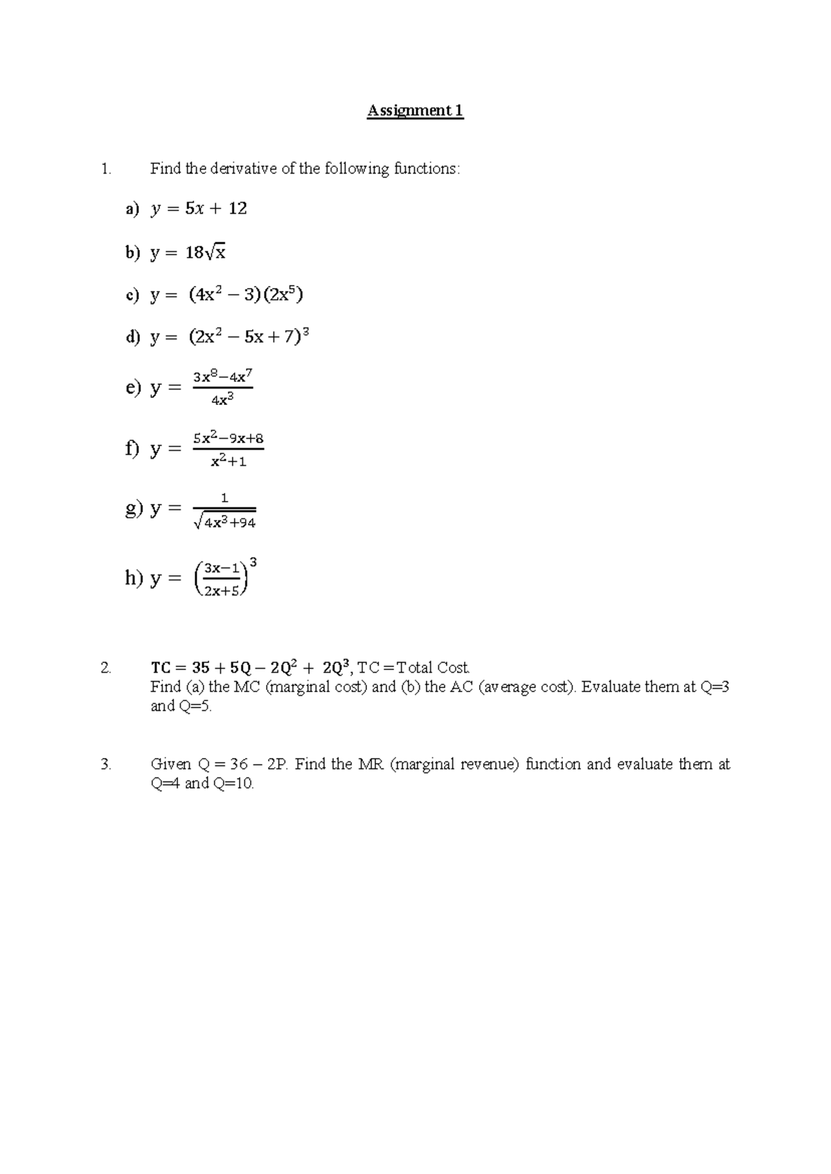 Assignment 1 1 Assigment Assignment 1 1 Find The Derivative Of The Following Functions A
