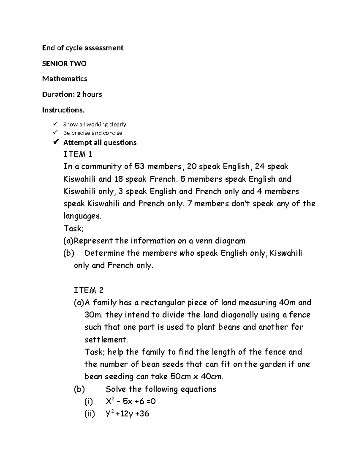 S2 EOT cycle - It's good - End of cycle assessment SENIOR TWO Mathematics Duration: 2 hours ...