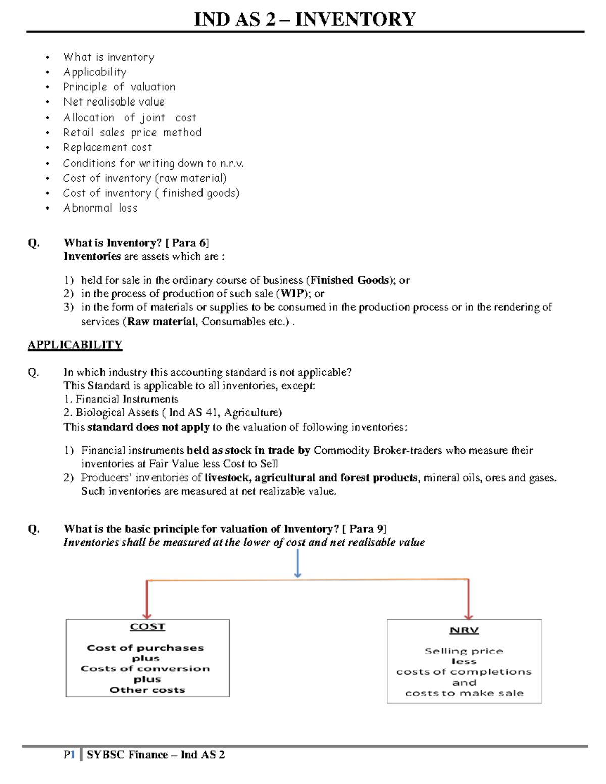 Ind AS 2 Theory Notes - P 1 SYBSC Finance – Ind AS 2 IND AS 2 ...