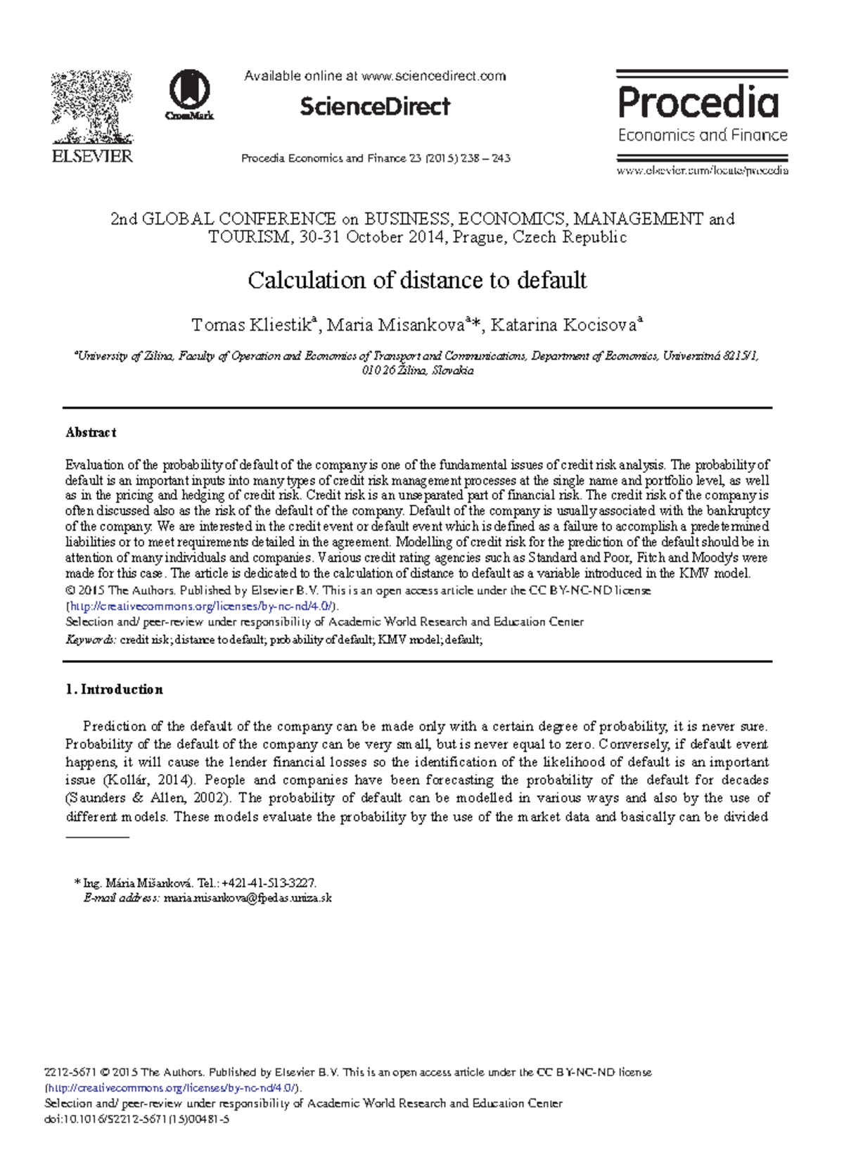 Merton - Calculation of distance to default - Procedia Economics and ...