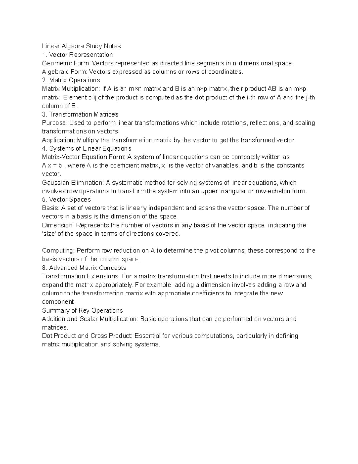LINALG Notes Matrix Vector - Linear Algebra Study Notes Vector ...