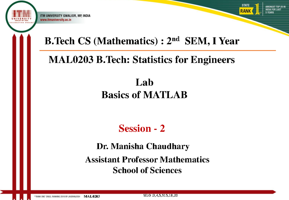 Matlab Lab 2 - B CS (Mathematics) : 2nd SEM, I Year MAL0203 B ...