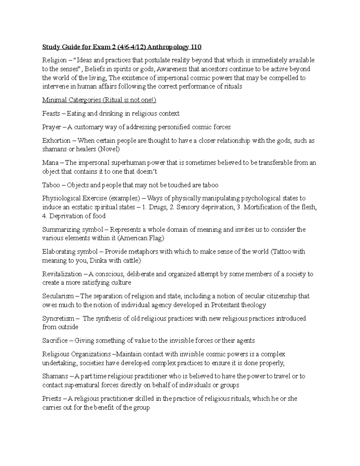 Anthropology 110 Exam 2 Study Guide - Study Guide for Exam 2 (4/6-4/12) Anthropology 110 ...