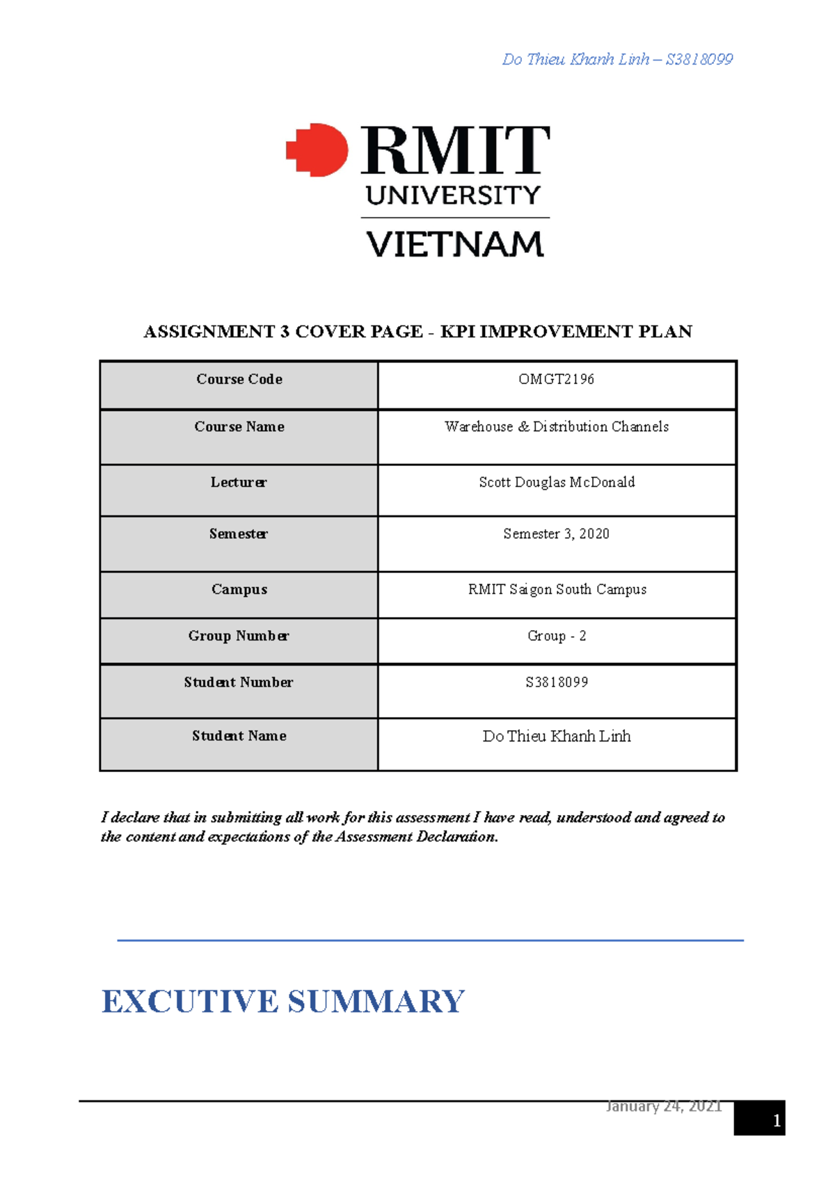 KPI Improvement Plan Do Thieu Khanh Linh S3818099 - January 24, 2021 ...