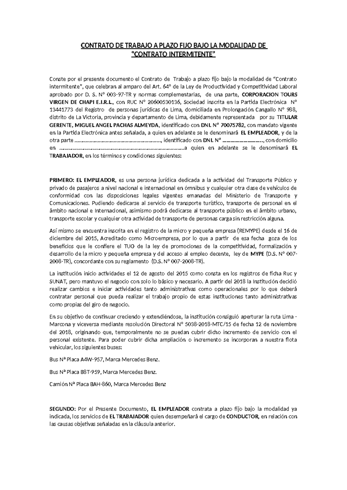 Modelo de Contrato Intermitente Corporacion - CONTRATO DE TRABAJO A PLAZO FIJO BAJO LA MODALIDAD ...