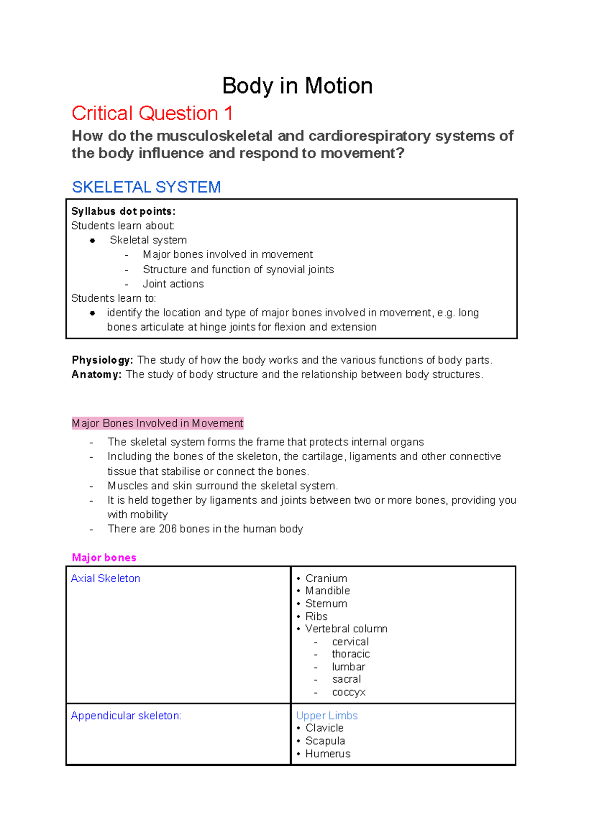 Core 2 Pdhpe Body in Motion Study Notes - Body in Motion Critical ...