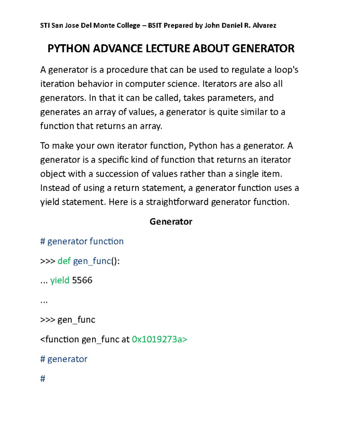 Python Advance Lecture about Generator - PYTHON ADVANCE LECTURE ABOUT ...