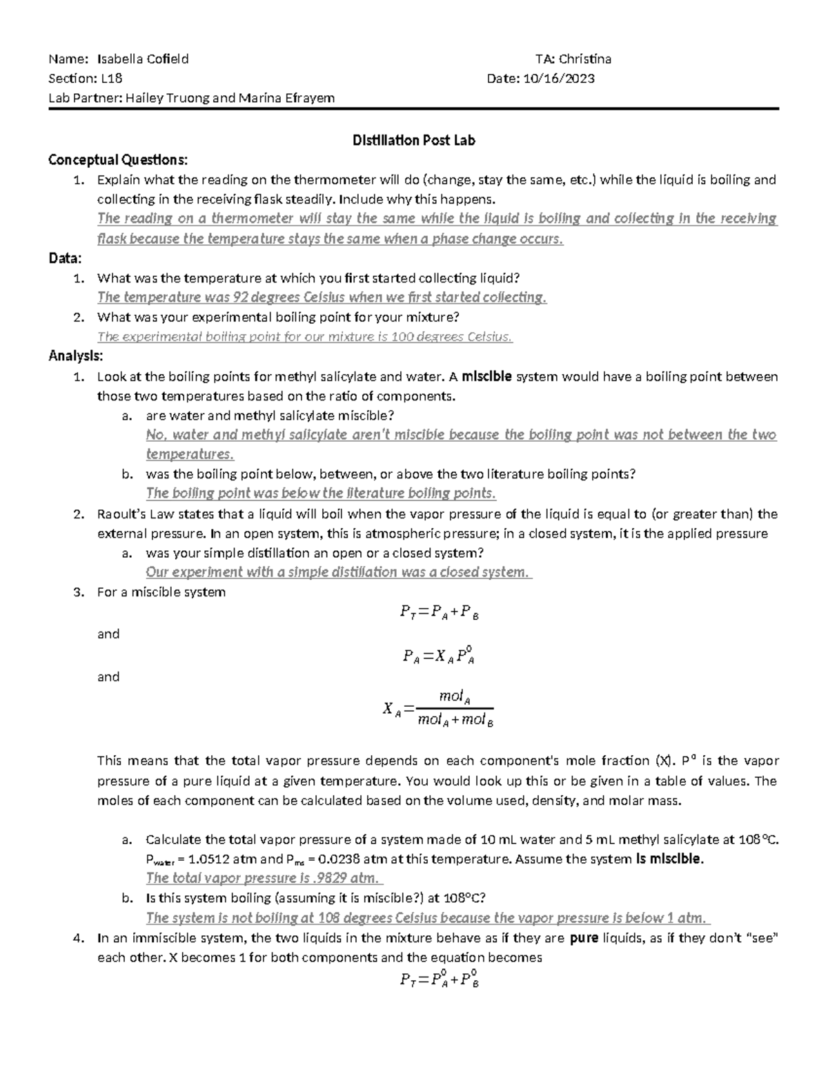 Distillation Post Lab Fall2023 - Name: Isabella Cofield TA: Christina Section: L18 Date: 10/16 ...