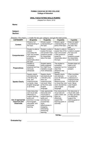 PEER Evaluation Rubric 2 - PHINMA CAGAYAN DE ORO COLLEGE College of ...