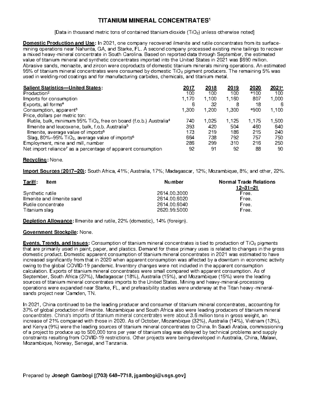 Mcs2022-titanium-minerals - Prepared by Joseph Gambogi [(703) 648–7718, jgambogi@usgs] TITANIUM ...