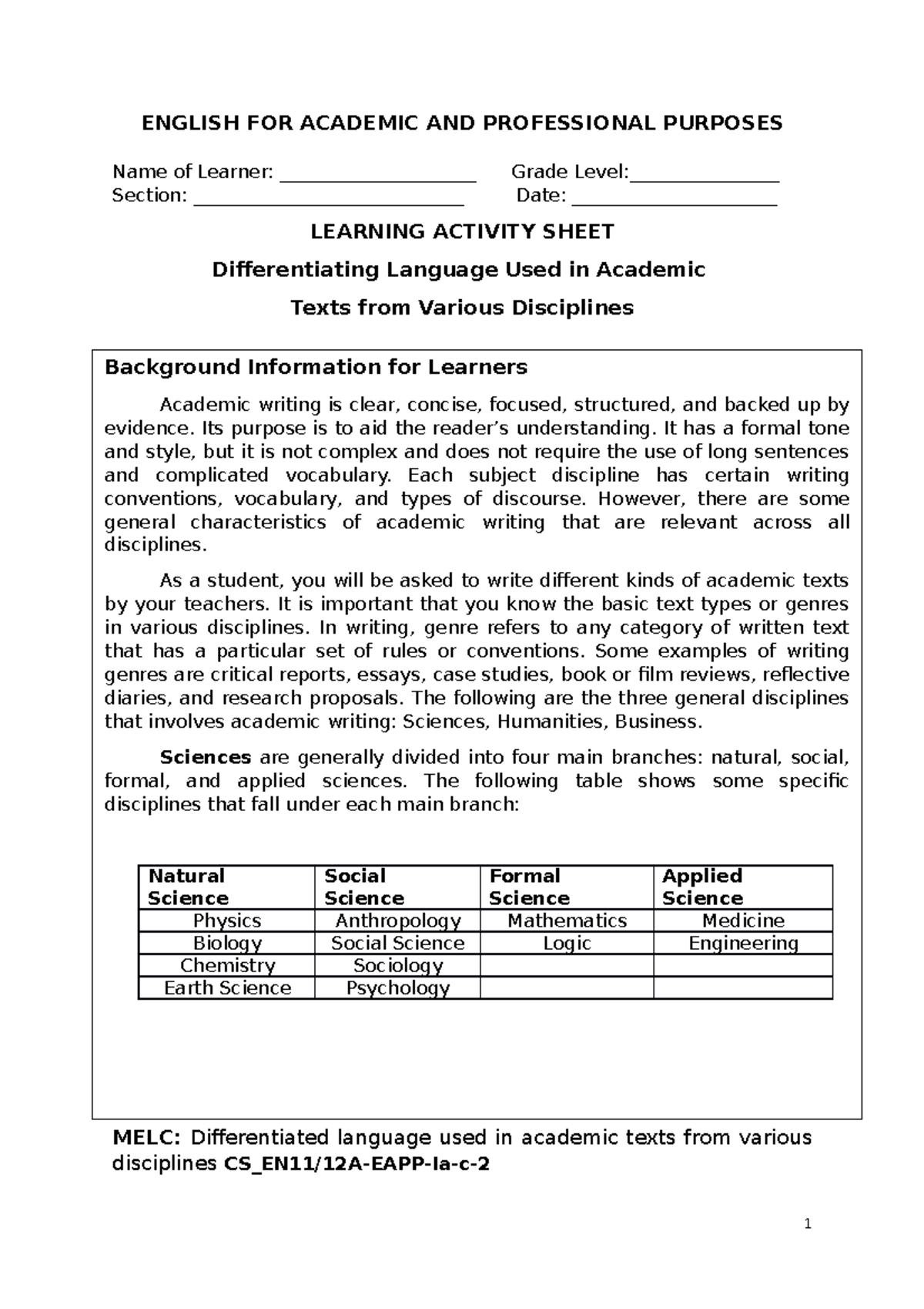 Modified LAS EAPP - ENGLISH FOR ACADEMIC AND PROFESSIONAL PURPOSES Name ...