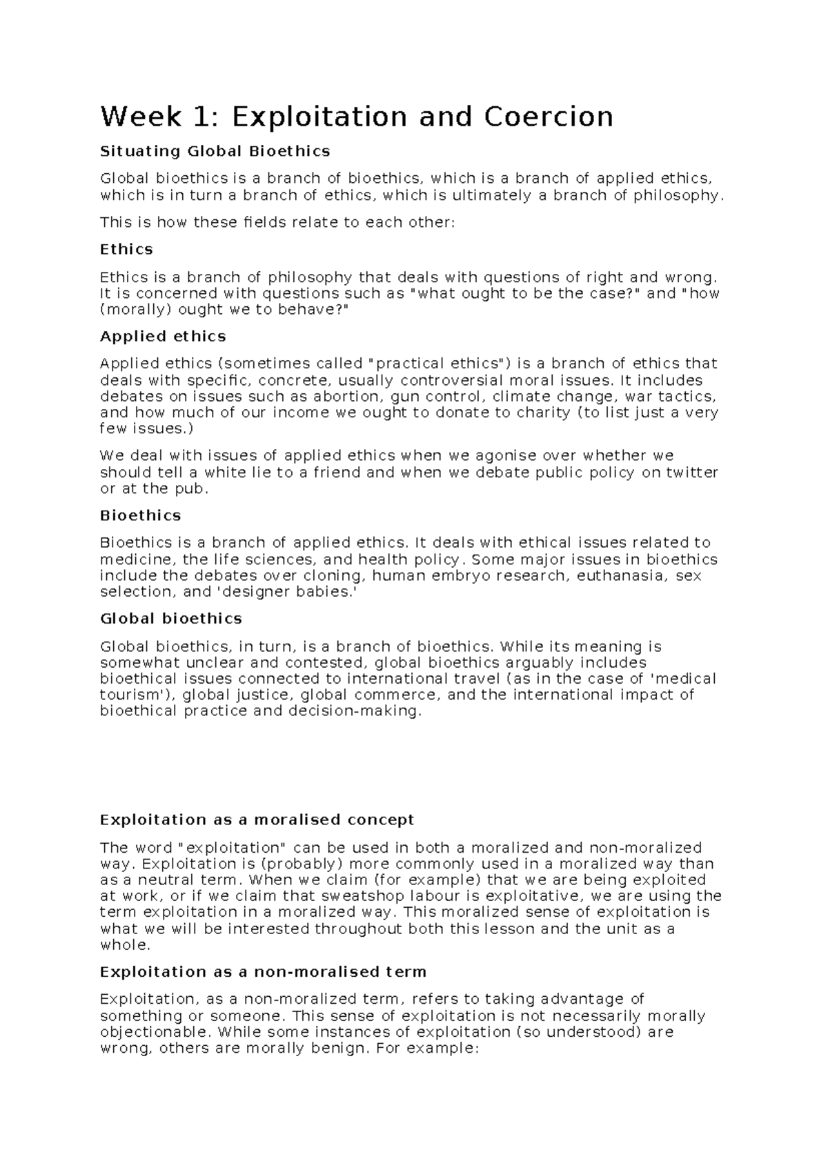 Bioethics notes - Week 1 - Week 1: Exploitation and Coercion Situating ...