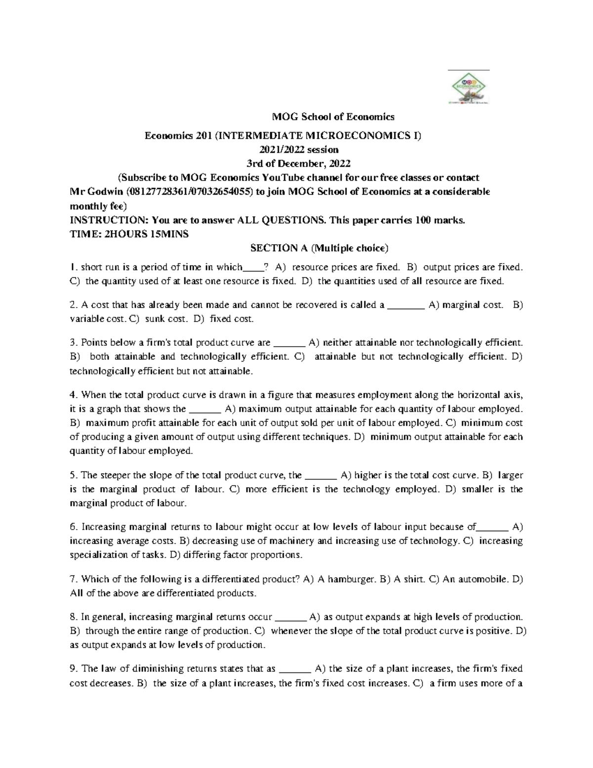 MOG SOE November Economics 201-WPS Office - MOG School of Economics ...