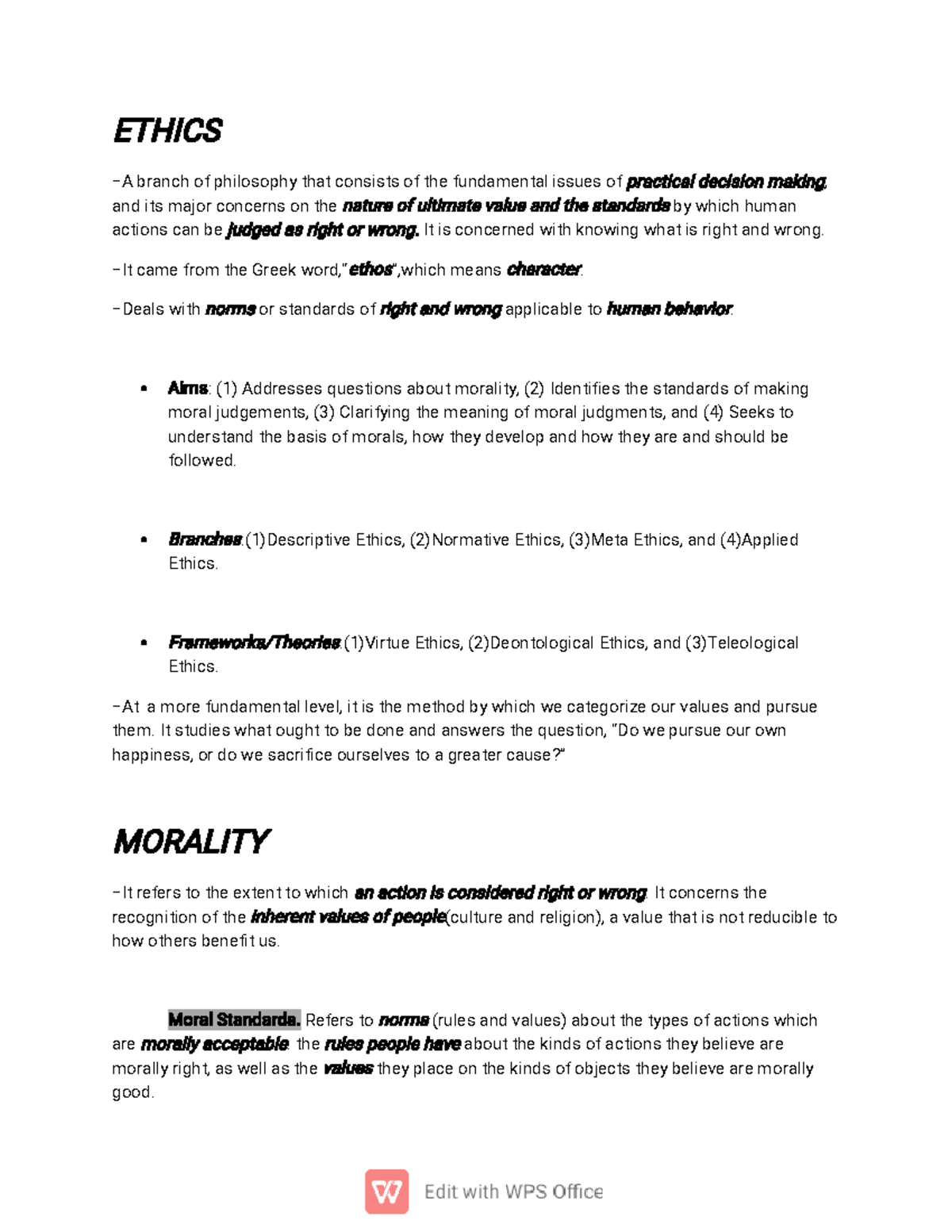 Ethics vs. Morality - ETHICS −A branch of philosophy that consists of ...