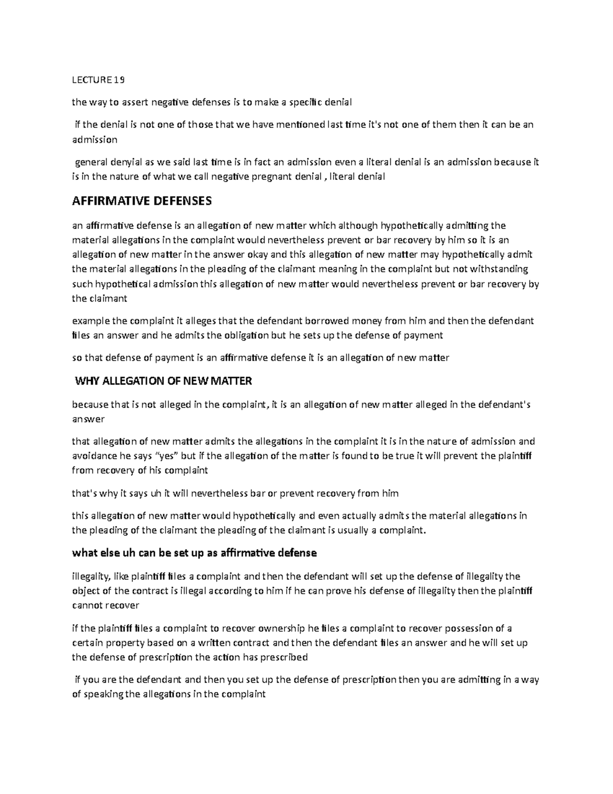 19-transcript-civpro - LECTURE 19 the way to assert negative defenses ...