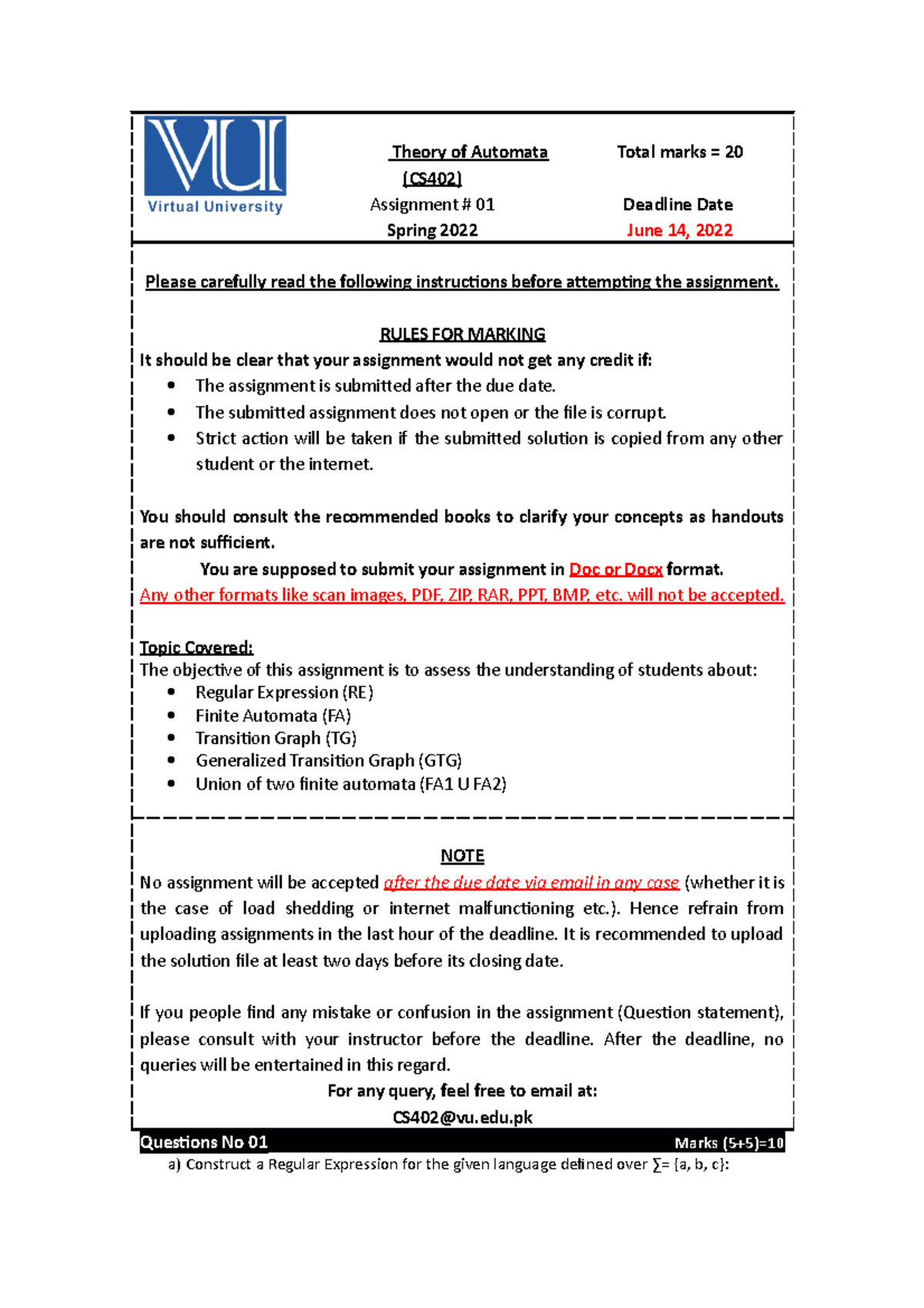 Cs402 Assgmmt Solution 1 Sy Ibd Theory Of Automata Cs402 Assignment 01 Spring 2022