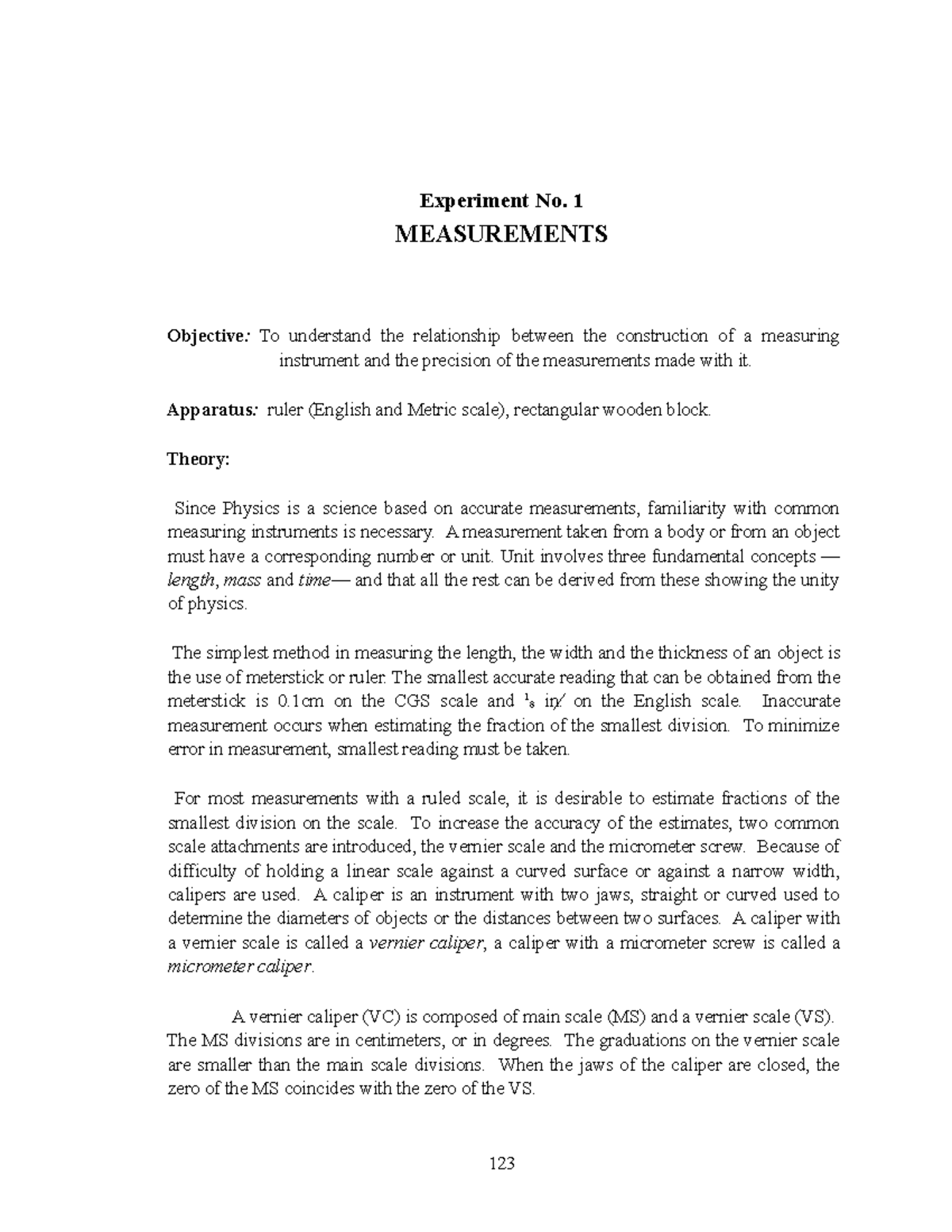 Experiment No. 1- Measurements - Experiment No. 1 MEASUREMENTS ...