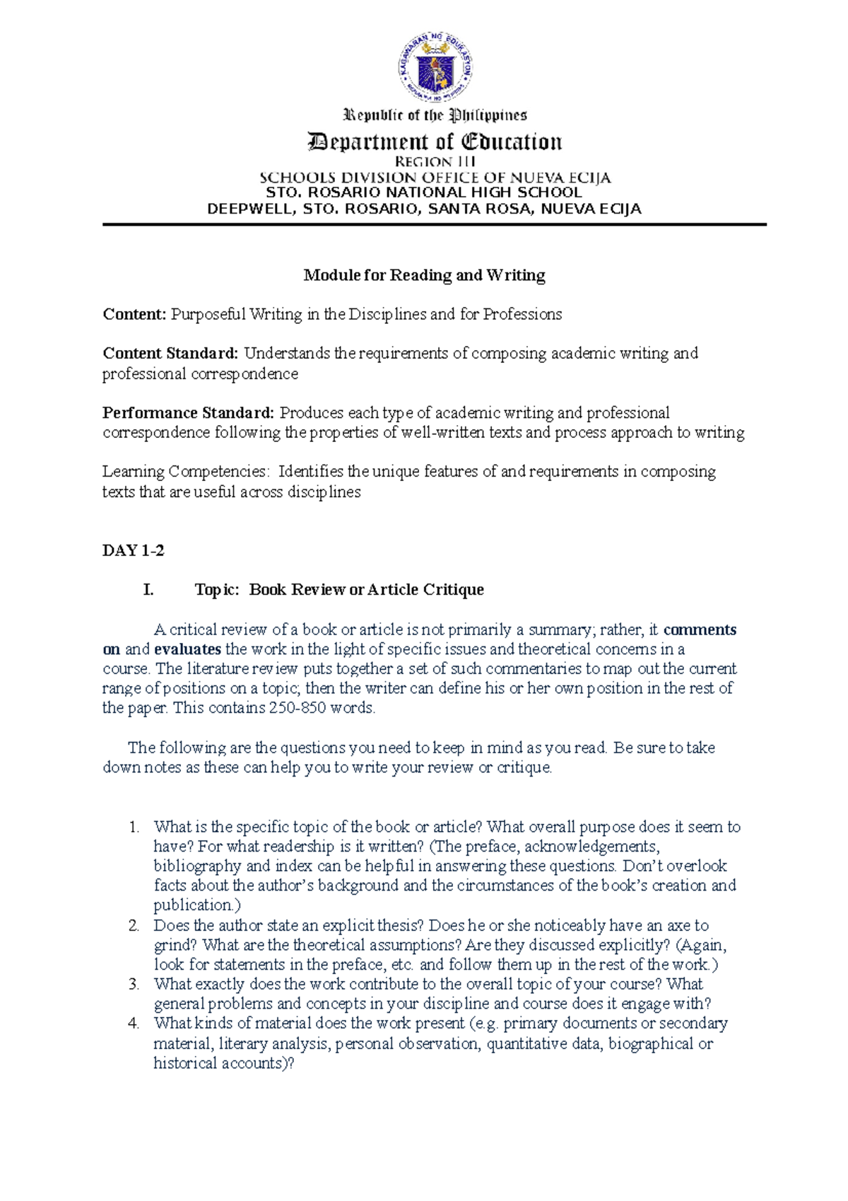 Reading AND Writing Module - DEEPWELL, STO. ROSARIO, SANTA ROSA, NUEVA ...