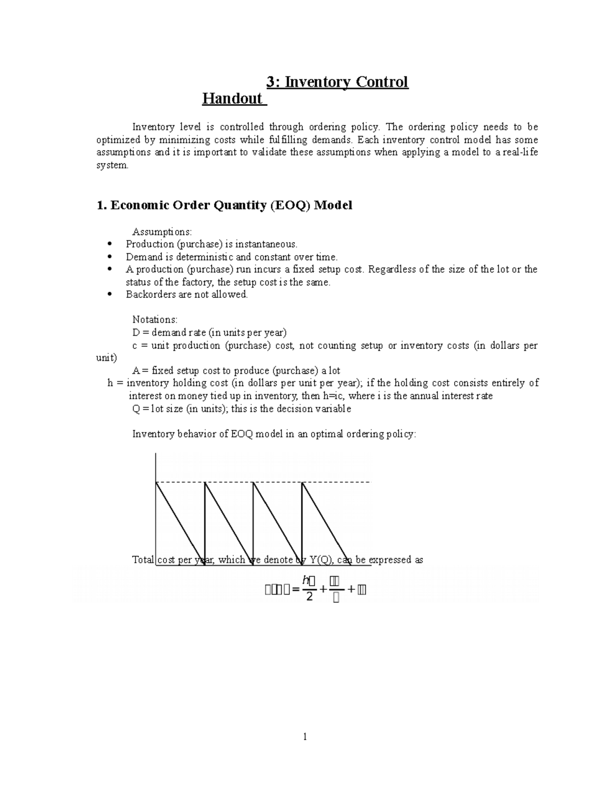 Handout 3 - IE 484 H2 - Handout 3: Inventory Control Inventory level is ...