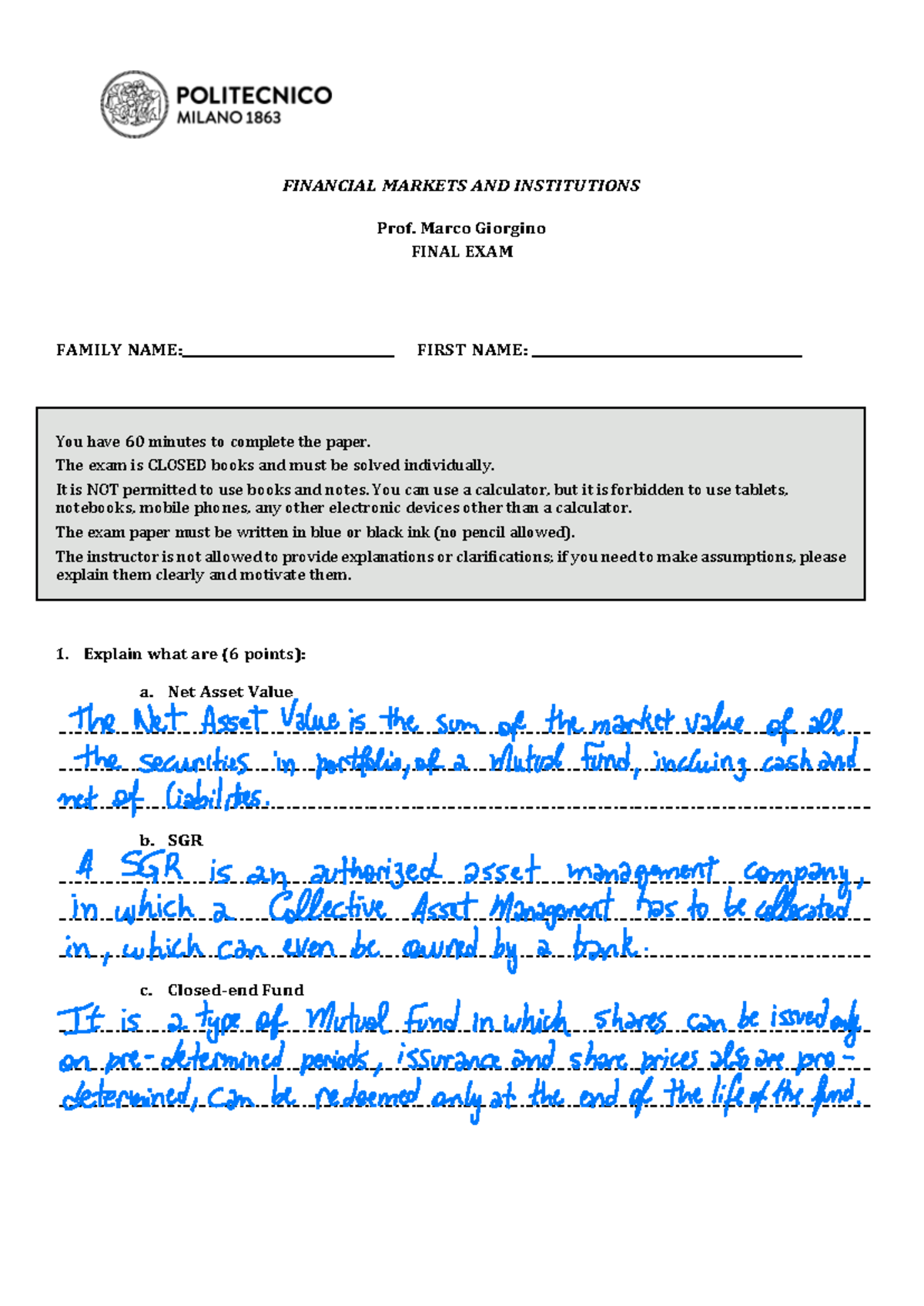 FMI - Exam example Solutions - FINANCIAL MARKETS AND INSTITUTIONS Prof ...