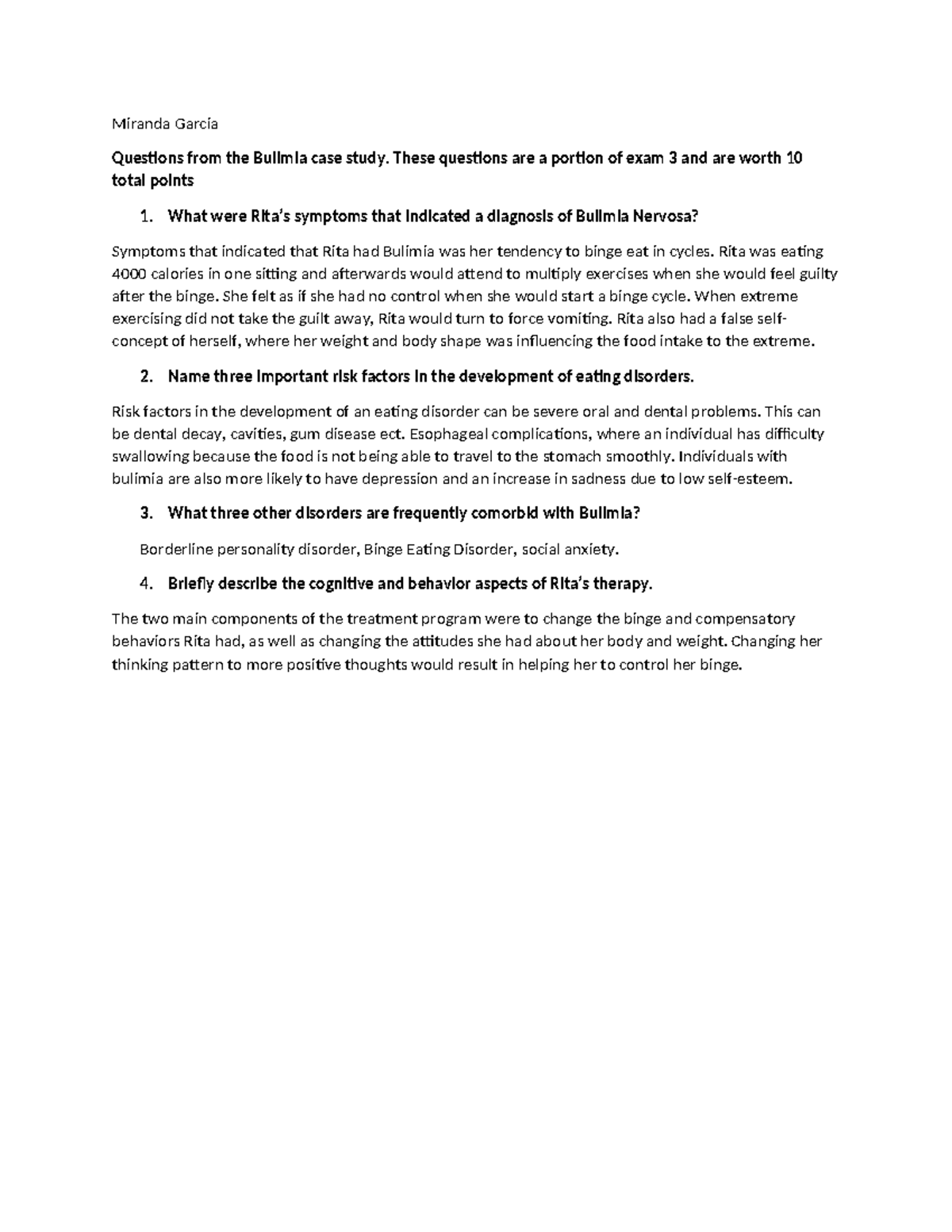 Bulimia case study - These questions are a portion of exam 3 and are ...
