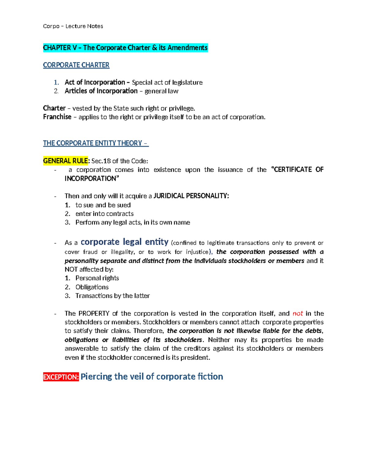 Corpo - Chapter 5- Lecture Notes - Corpo – Lecture Notes CHAPTER V ...