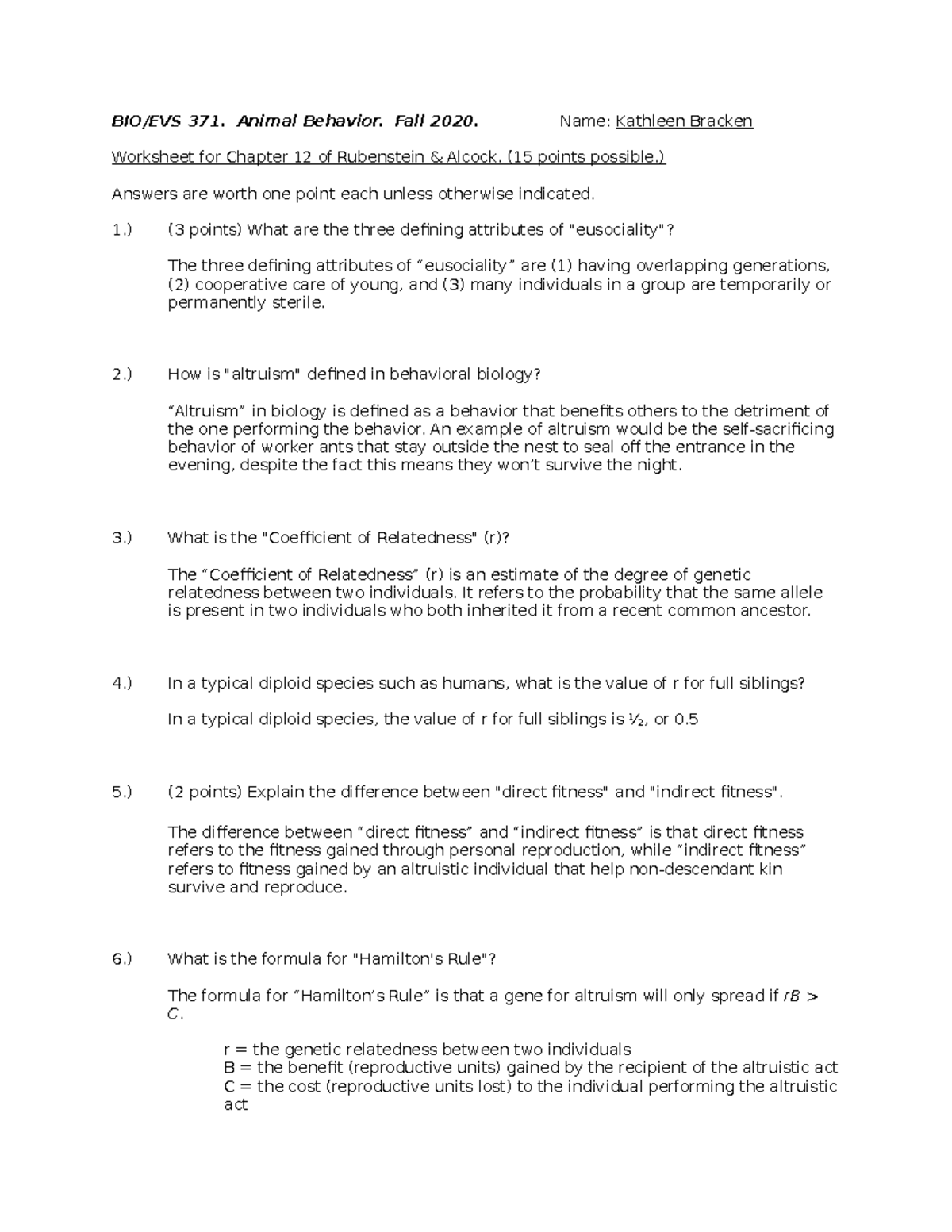 Chapter 12 Worksheet, Rubenstein & Alcock - BIO/EVS 371. Animal ...