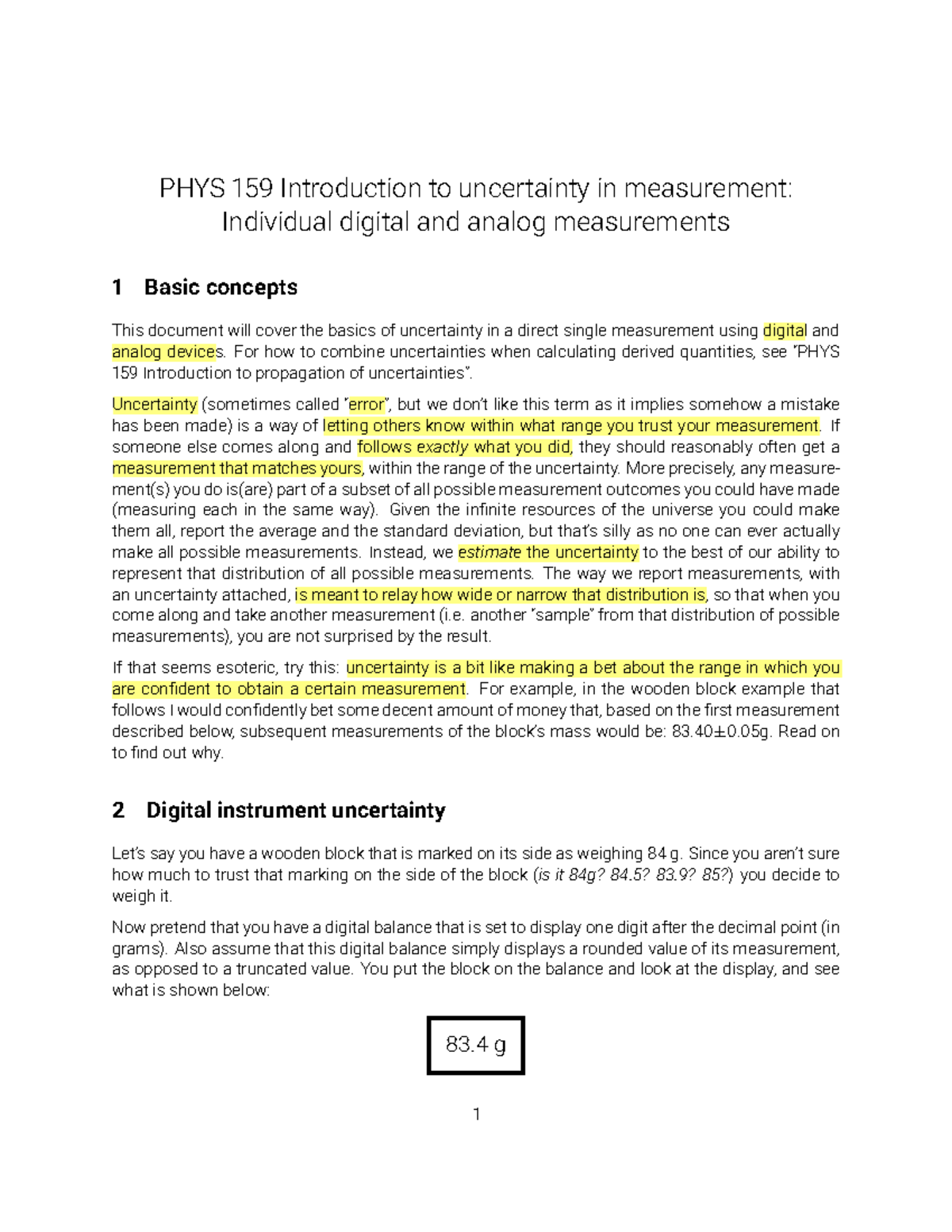 PHYS 159 Introduction to uncertainty in measurement - PHYS 159 Introduction to uncertainty in ...