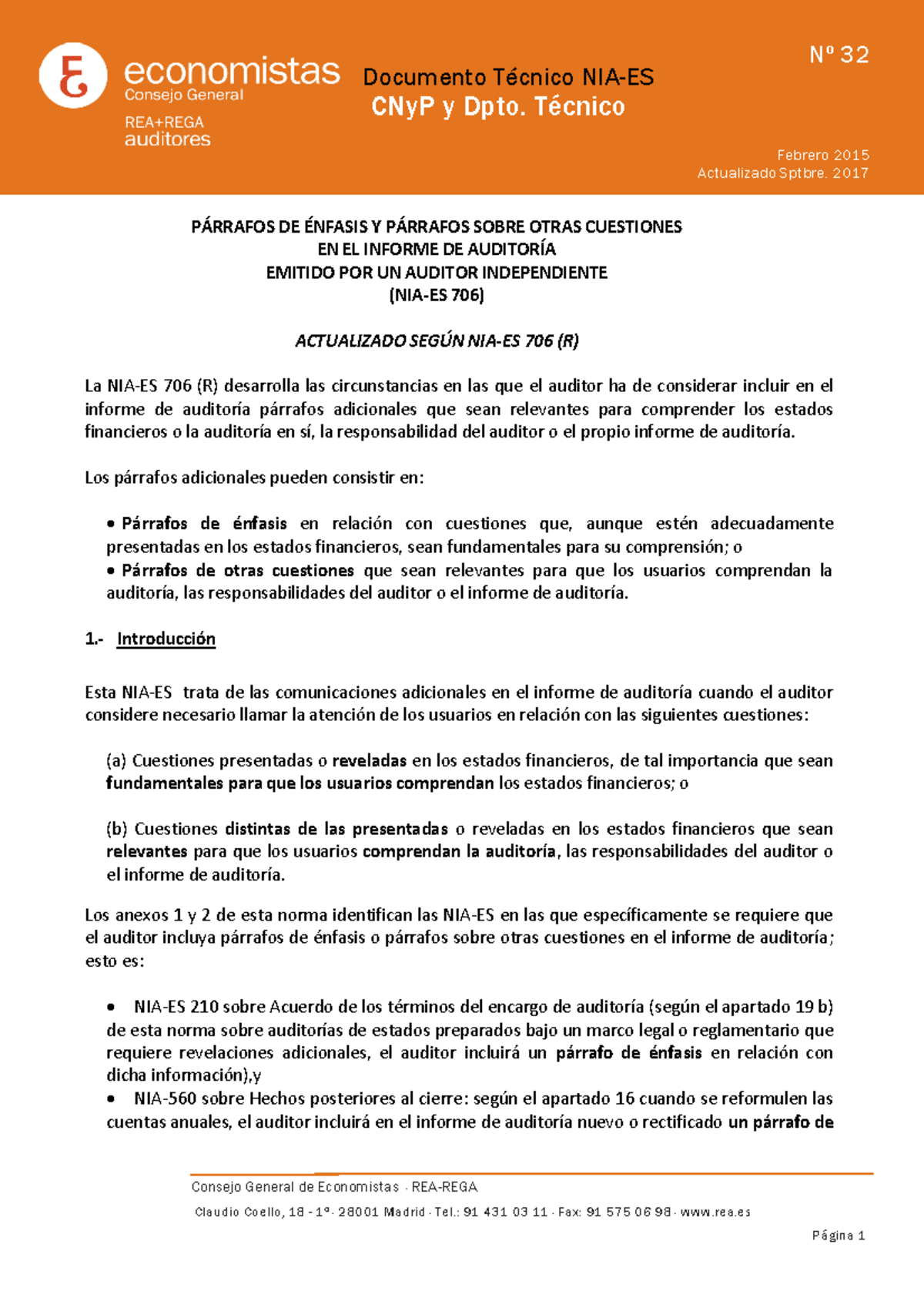 Documento Técnico NIA-ES 706 (R) 120917 - Documento TÈcnico NIA-ES CNyP y Dpto. TÈcnico N∫ 32 ...