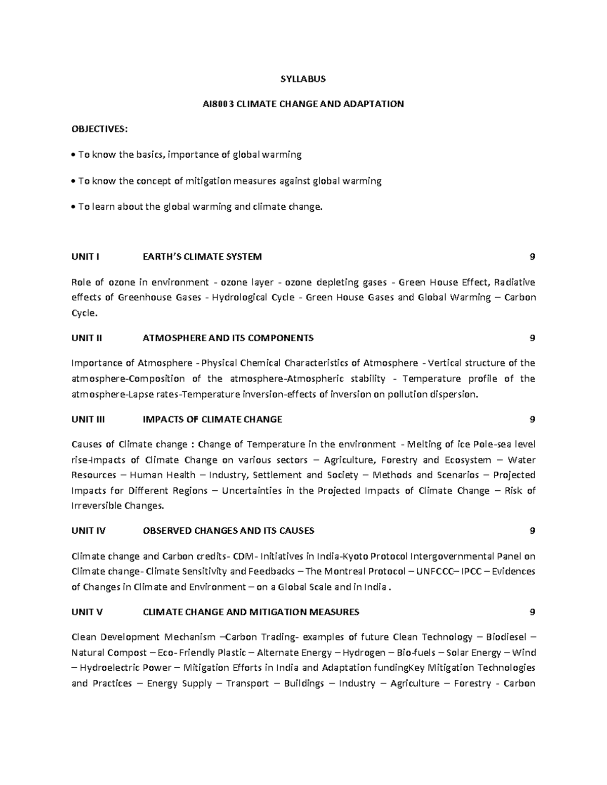 Syllabus AI8003 SYLLABUS AI8003 CLIMATE CHANGE AND ADAPTATION syllabus-ai8003-syllabus-ai8003-climate-change-and-adaptation