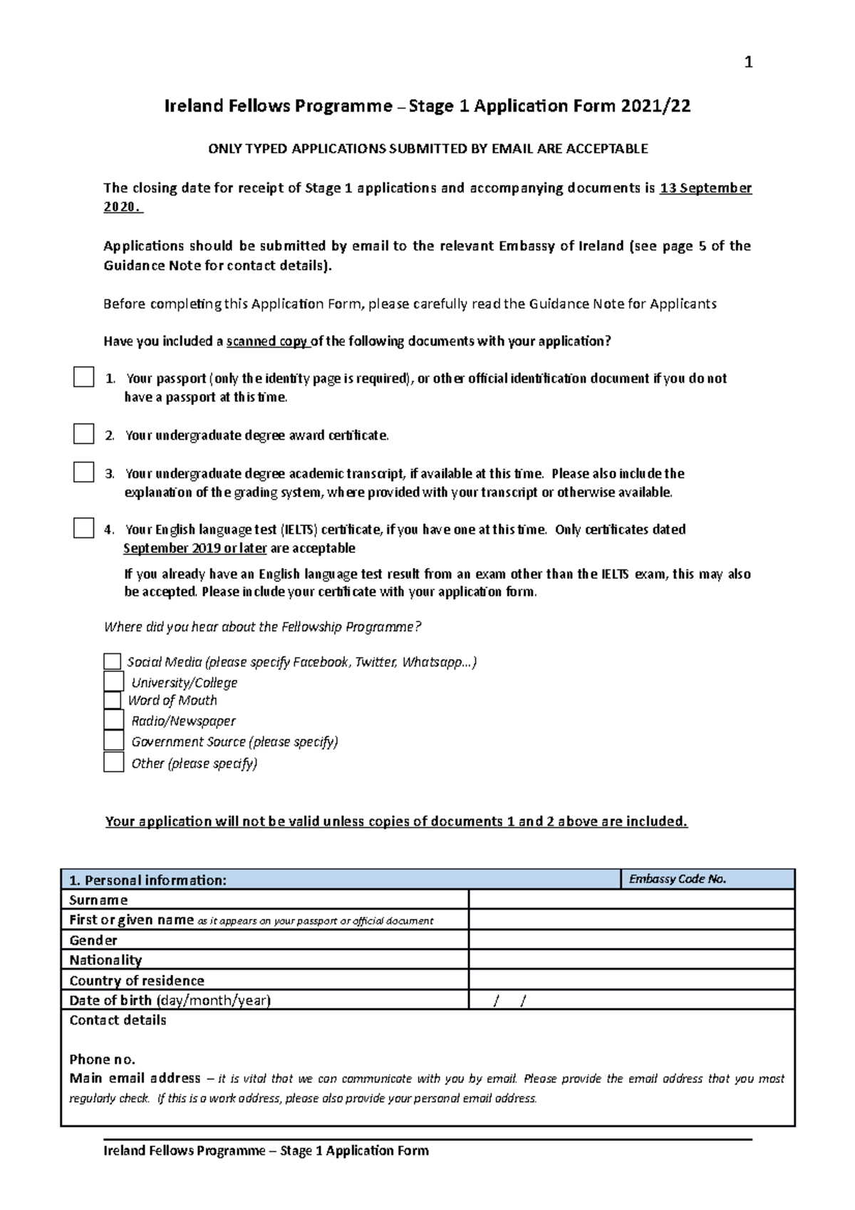 Ifp africa stage 1 application form 2021-22 - Ireland Fellows Programme ...