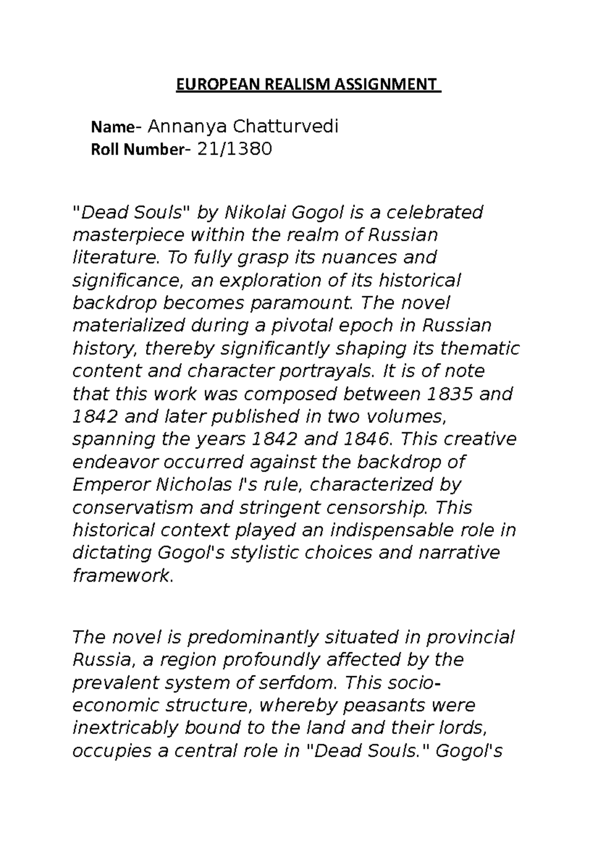 European Realism Assignment - EUROPEAN REALISM ASSIGNMENT Name- Annanya ...