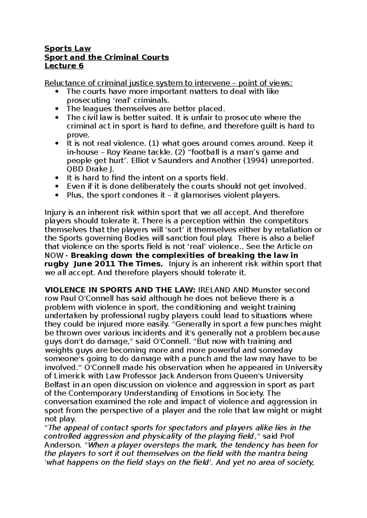 Sports lecture 6 - Sports Law Sport and the Criminal Courts Lecture 6 ...
